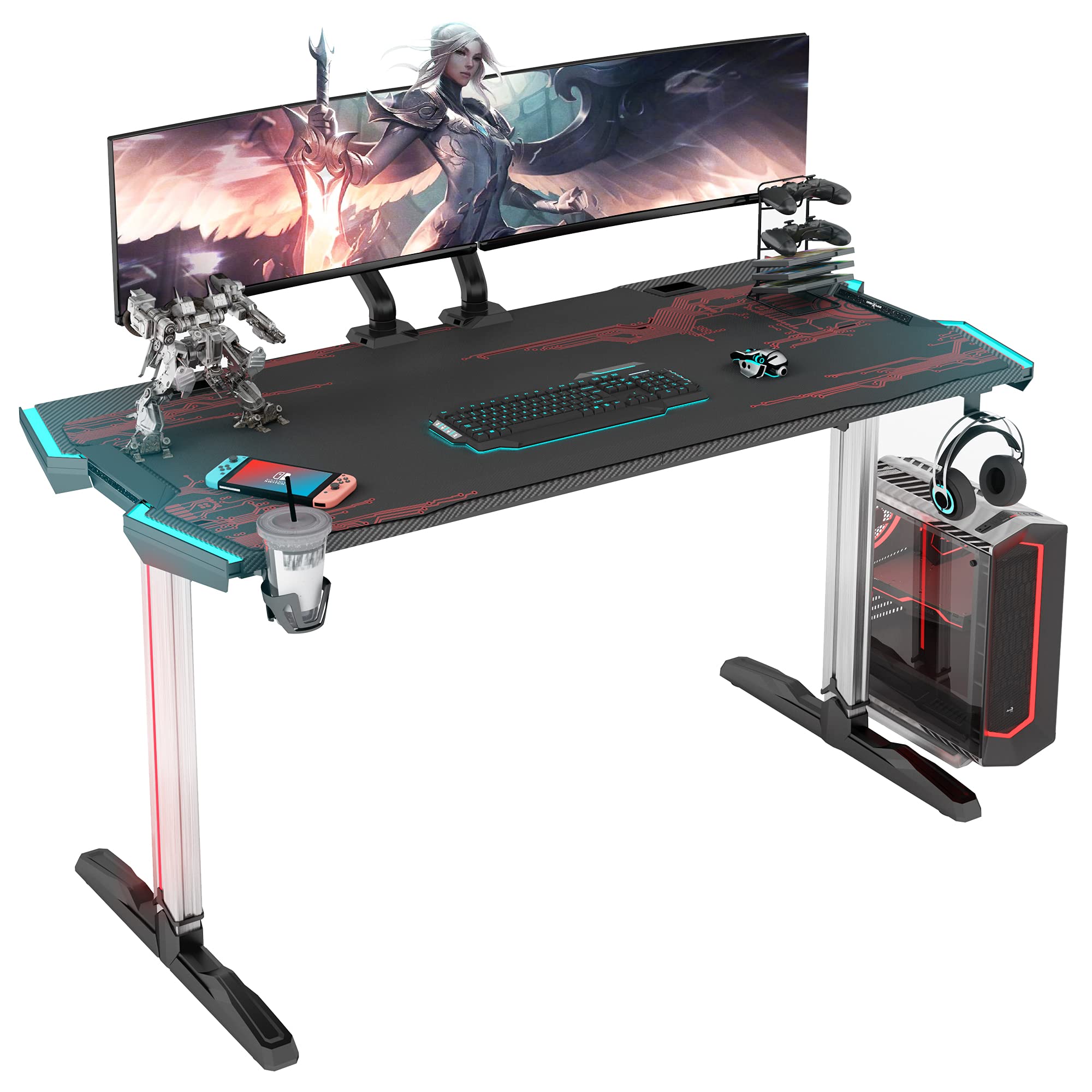 GALAXHERO Ultimate 61“Large Gaming Desk with 22 Modes RGB LED Light, Professional Gamer Computer Desk with Headphone&Cup Holder, Home Office PC Workstation, Full-Surface Cloth Mouse Pad, Black, GX-D