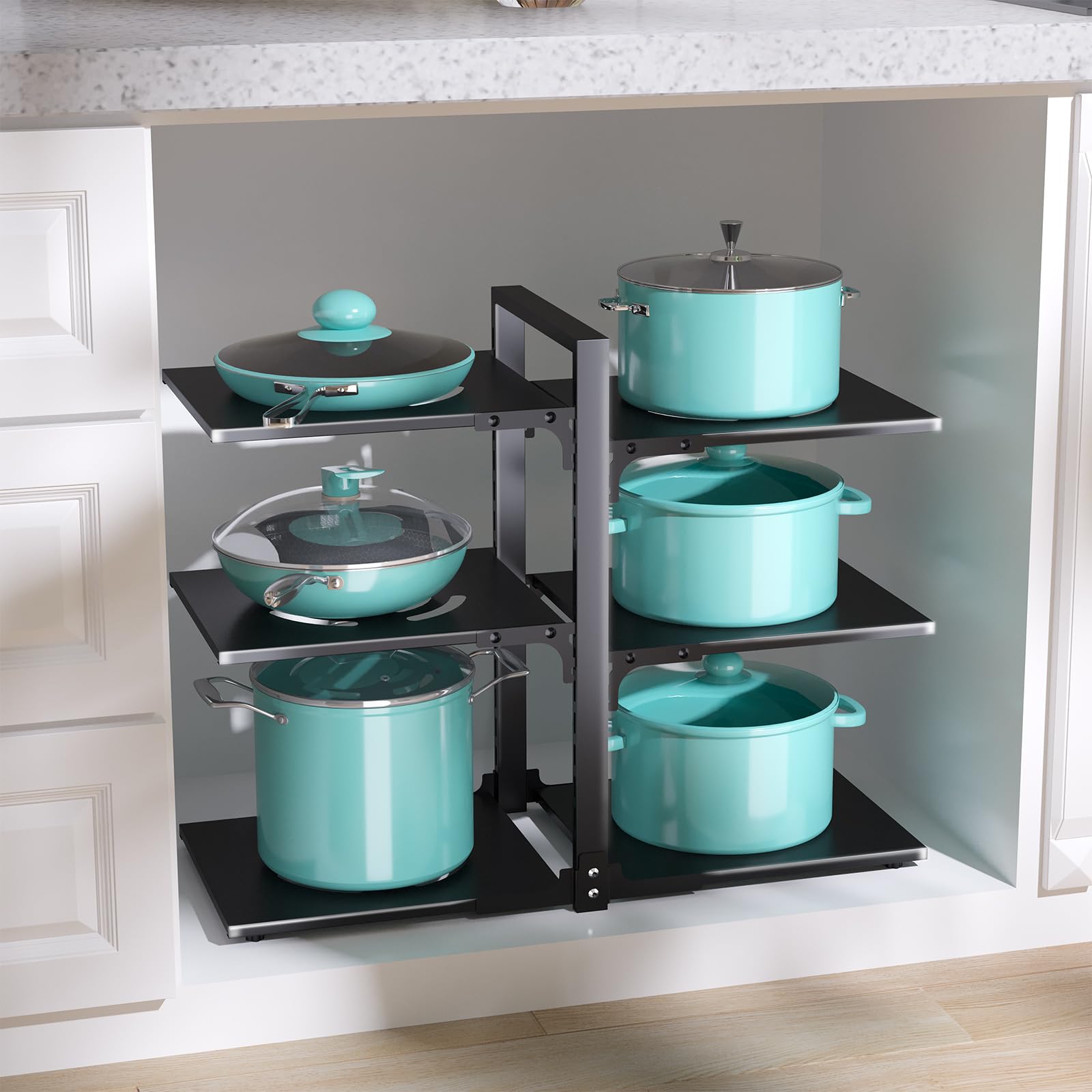 HAOWUJIN Adjustable 6-Tier Pots and Pans Organizer for Cabinet, Black, Iron