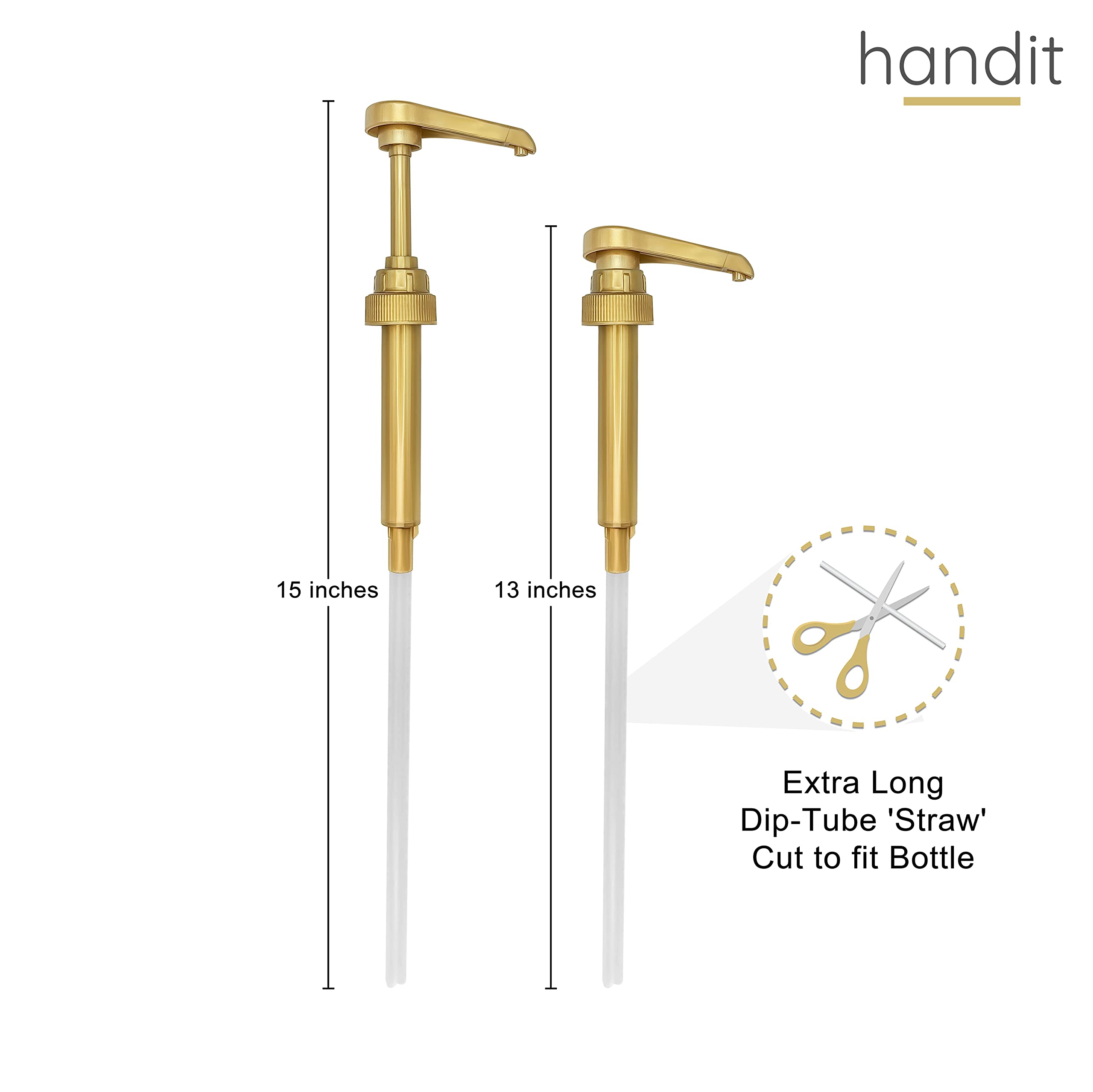 HANDIT - Gold Coffee Syrup Commercial Beverage Dispenser Pumps | Fits Liter 750ml / 25-4oz Syrups Torani, DaVinci, Jordan's Skinny (Monin 33.8oz Plastic Bottles) (6 Pack)