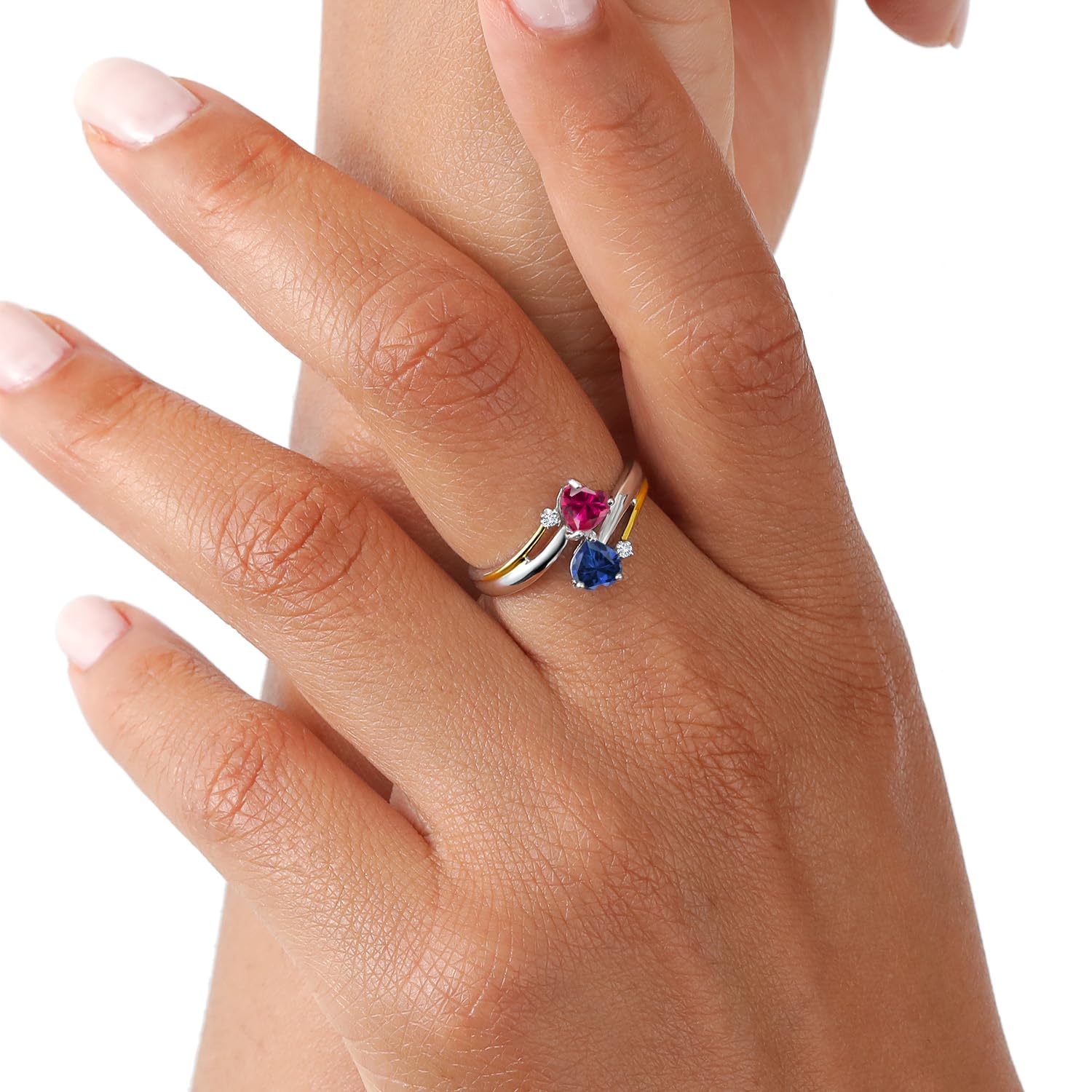 Gem Stone King 925 Silver and 10K Yellow Gold Red Created Ruby Blue Created Sapphire and Lab Grown Diamond 2 Heart Promise Couple Engagement Mother Ring (1.12 Cttw, Available In Size 5, 6, 7, 8, 9)