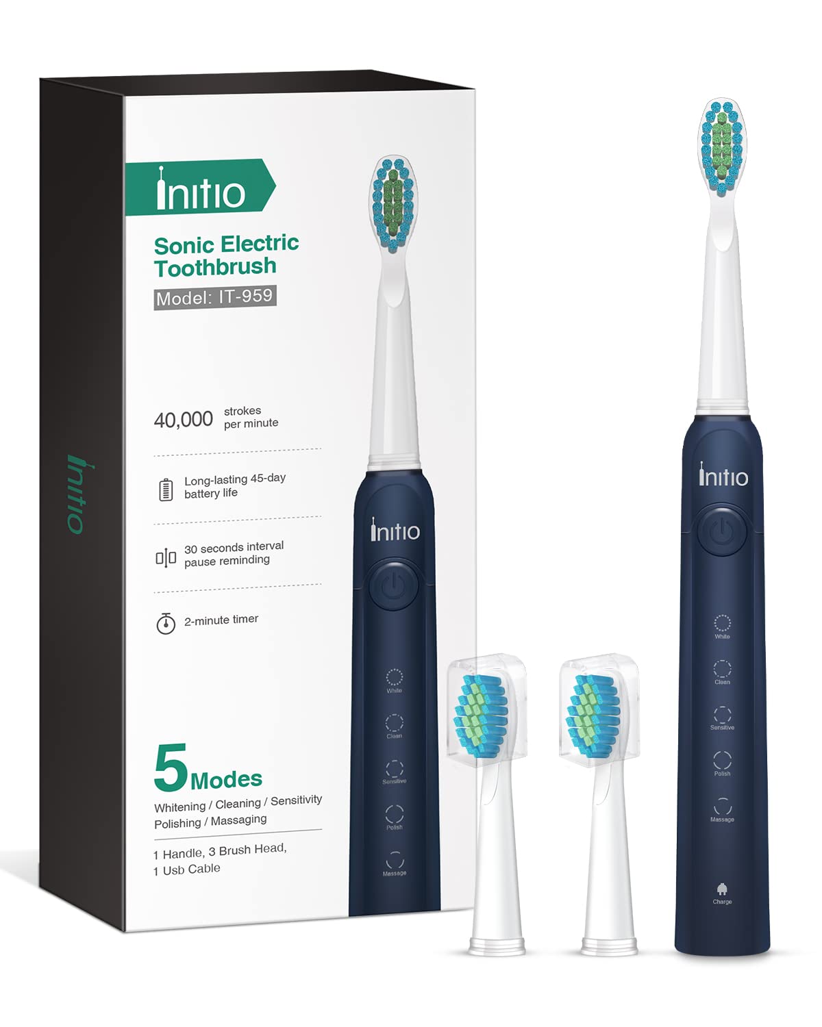 Initio Sonic Electric Toothbrush for Adults Rechargeable Toothbrush with Smart Timer 5 Modes 3 Brush Heads 40,000 VPM Motor Whitening Power Toothbrush IT959 (Navy Blue)