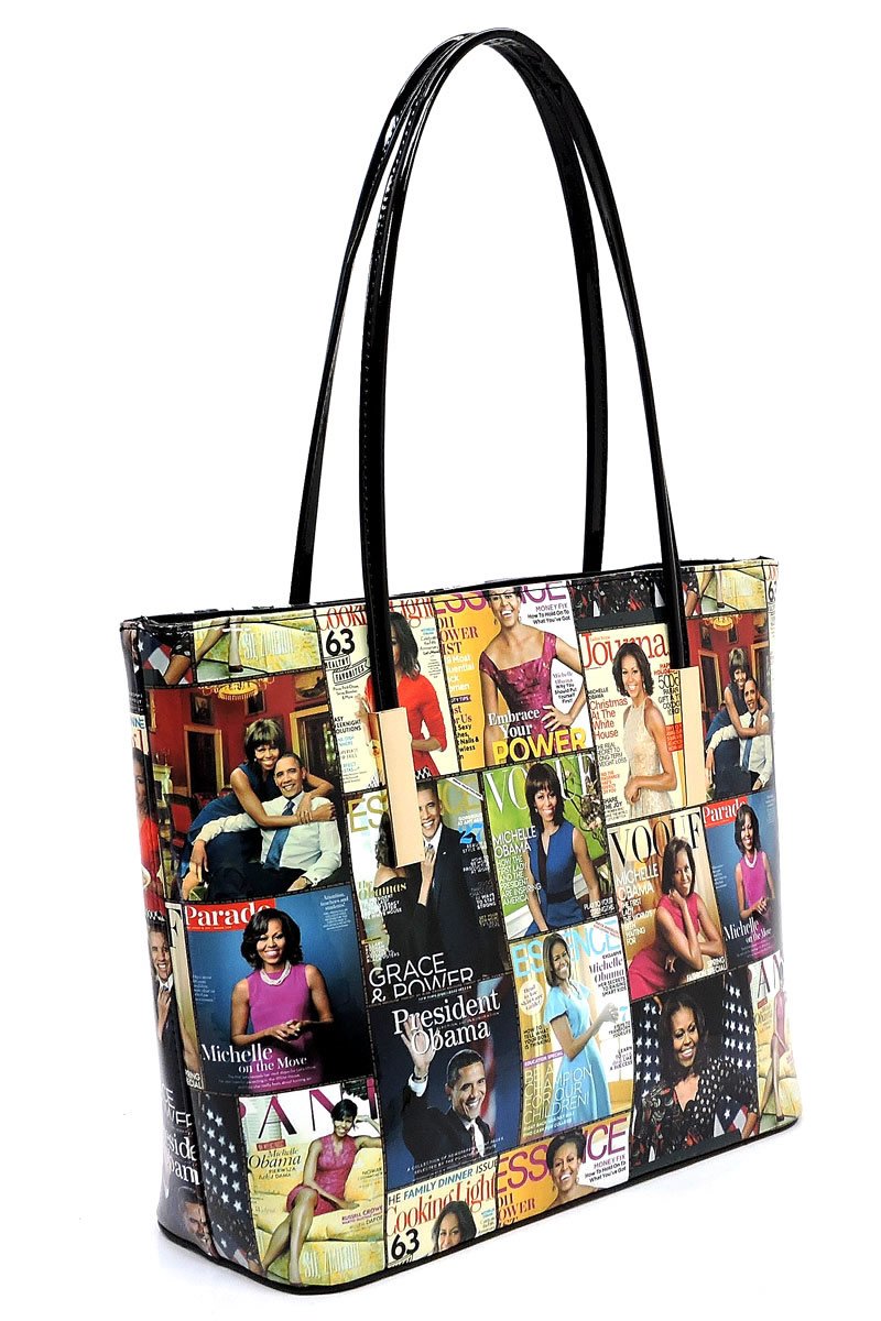 Glossy Magazine Cover Collage 3-in-1 Shopper Tote Bag Wallet Set Michelle Obama Handbag (9-Multi/Black)