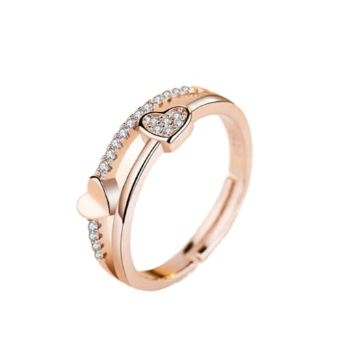 Guoshang Women Double Layered Heart Shape CZ Crystal Ring Rose Gold Silver 2 Colors Simulated Diamond Ring Opening Ring,Gold,1 Pc