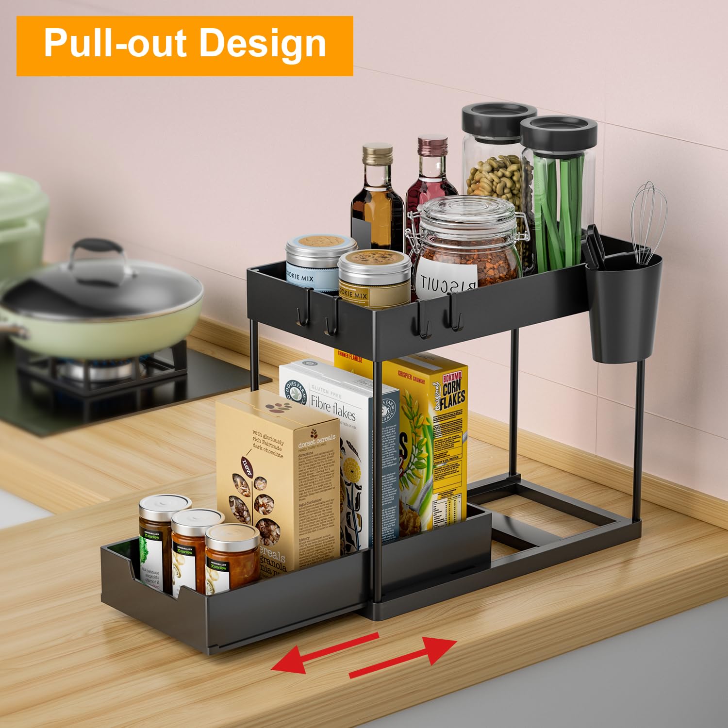 GORLDE 1 Pack Under Sink Organizer,2 Tier Under Bathroom Cabinet Organizer with Hooks Hanging Cup,Multi-Purpose Storage Shelf for Kitchen Bathroom,Black (1)
