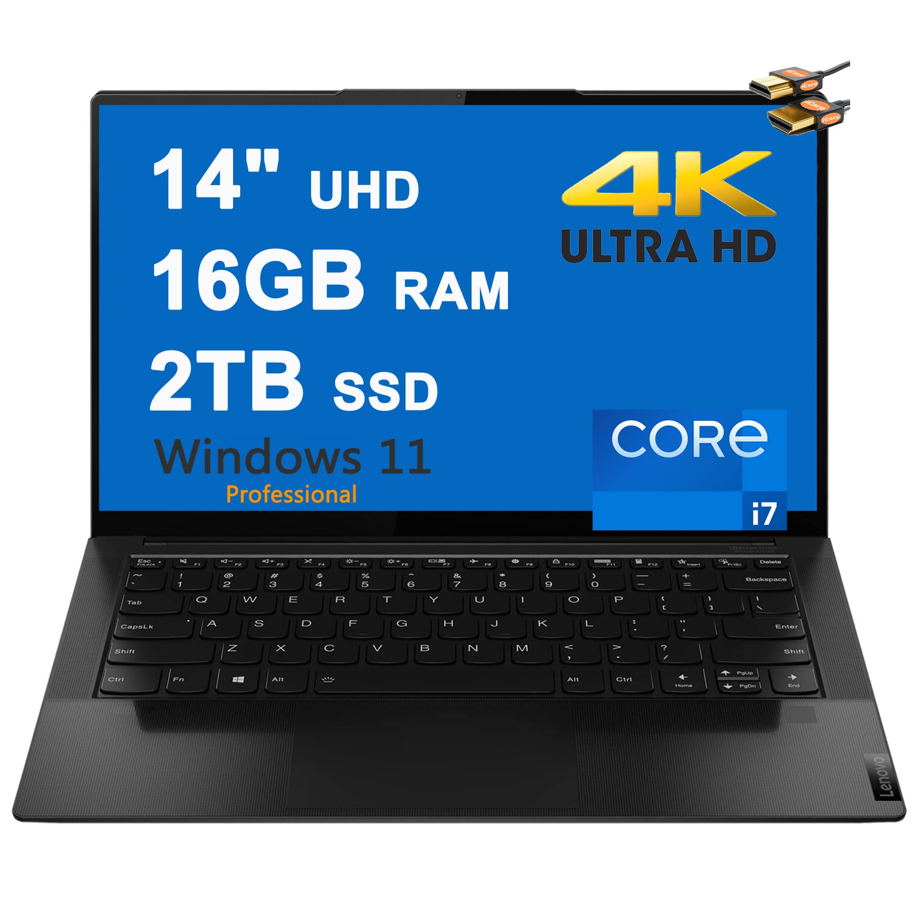 Lenovo IdeaPad Slim 9i 14 Business Laptop 14" UHD 4K Touchscreen (500nits) 11th Generation Intel Quad-core i7-1195G7 16GB RAM 2TB SSD Fingerprint Backlit Thunderbolt Win11Pro Black + HDMI Cable