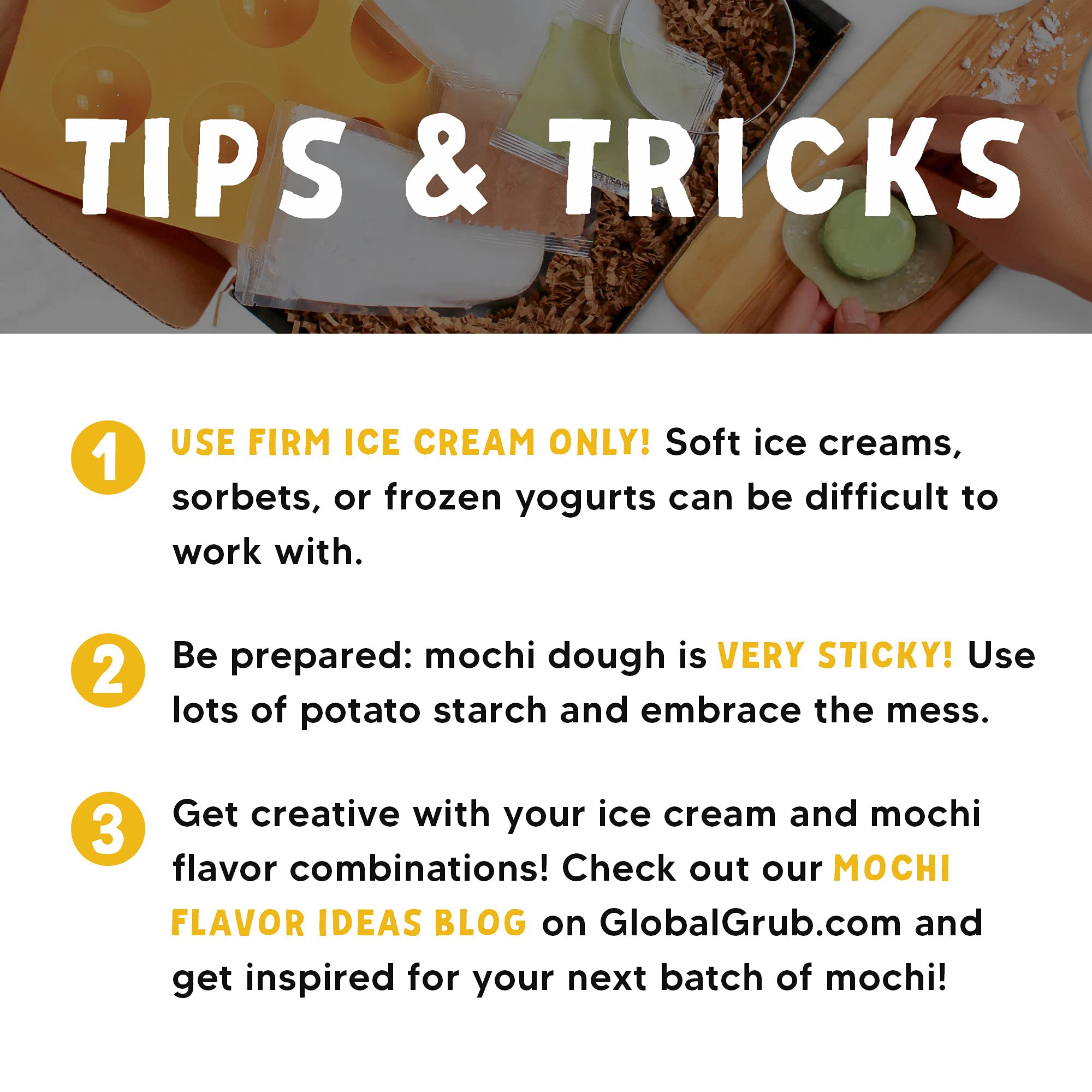Global Grub Original DIY Mochi Ice Cream Kit - Kit Includes Sweet Rice Flour, Potato Starch, Matcha Powder, Cocoa Powder, Ice Cream Mochi Maker, Dough Cutter, Cooking Instructions. Makes 32 Pieces