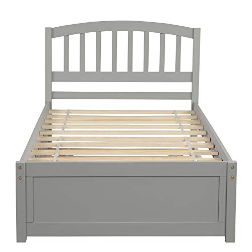 GINGVAT Twin Size Platform Bed with Trundle, Wooden Bedframe Frniture, Gray