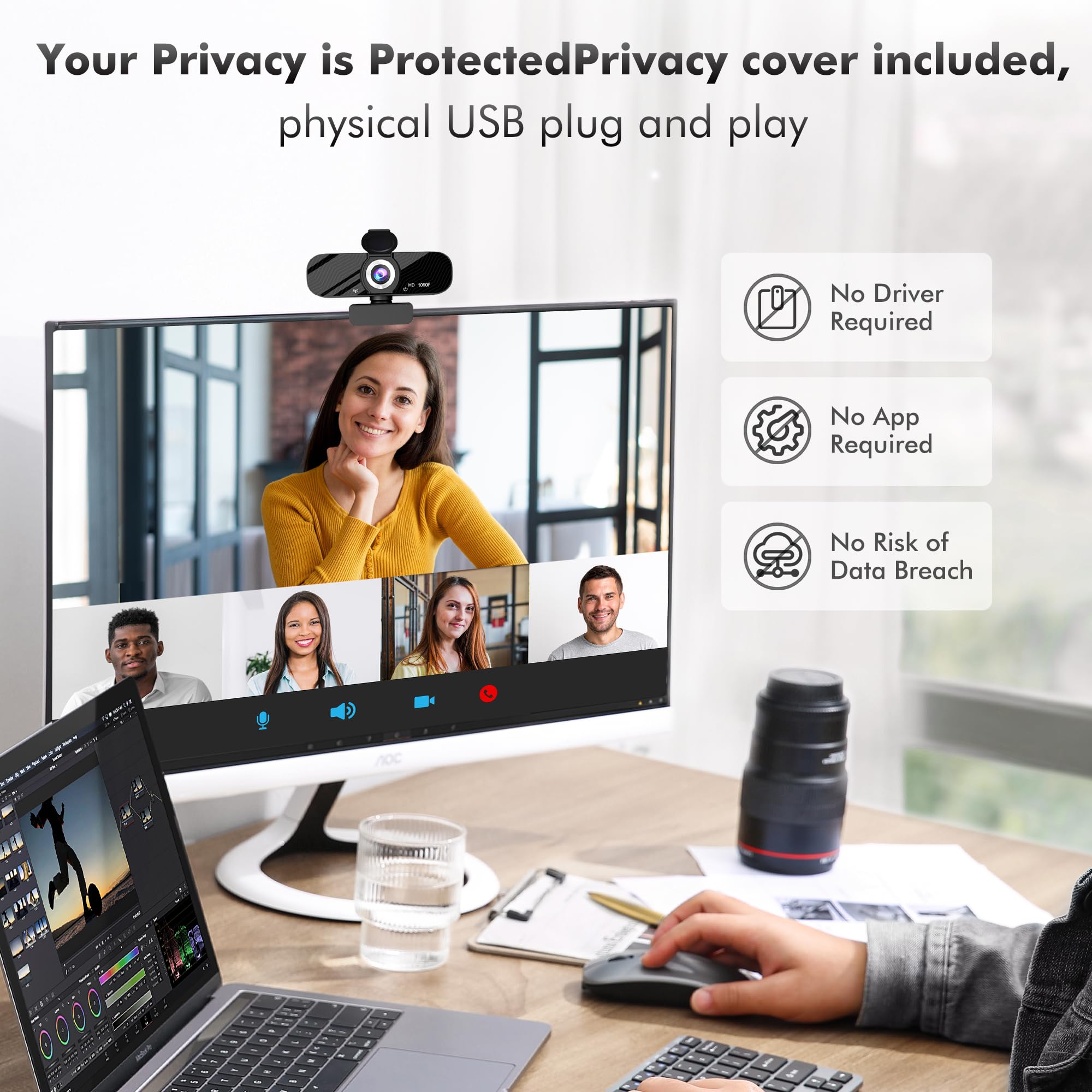Full 1080p HD Camera wide angle camera, microphone and tripod stent USB PC network camera, with privacy shutter, for video calls, recording,meeting,streaming media,games, games,high -defined cameras