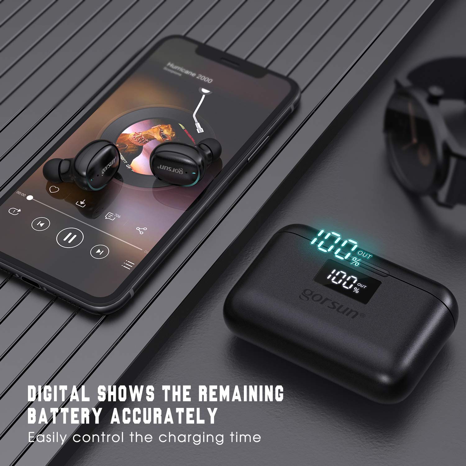 gorsun 【100 Hrs Playtime】 True Wireless Earbuds Bluetooth Headphones with Built-in Microphone, Waterproof TWS Stereo Earphones with LED Display Charging Case,Touch Control Headset for Sport