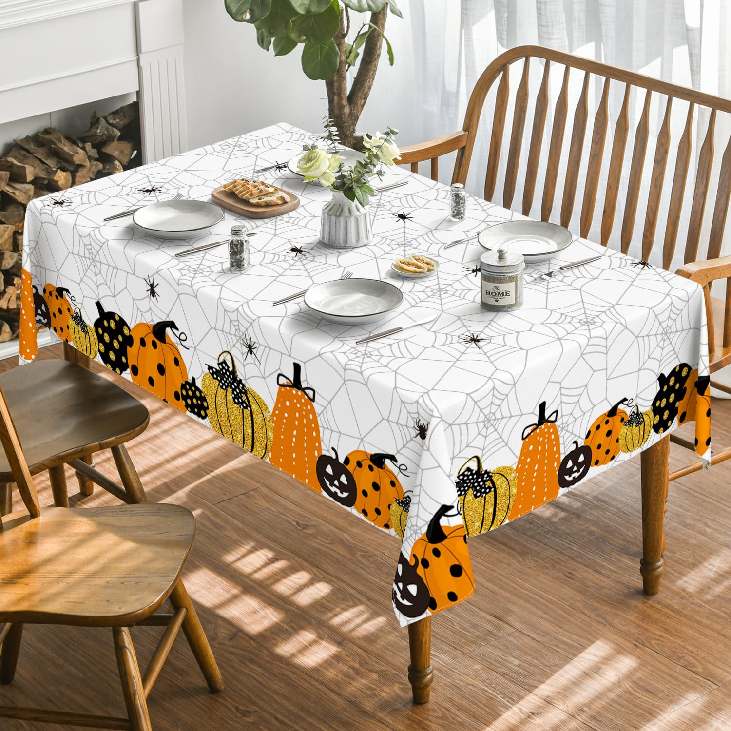 Horaldaily Halloween Tablecloth 60x84 Inch Rectangular, Jack-O-Lantern Pumpkin Cobweb Scary Themed Washable Table Cover for Party Picnic Dinner Decor