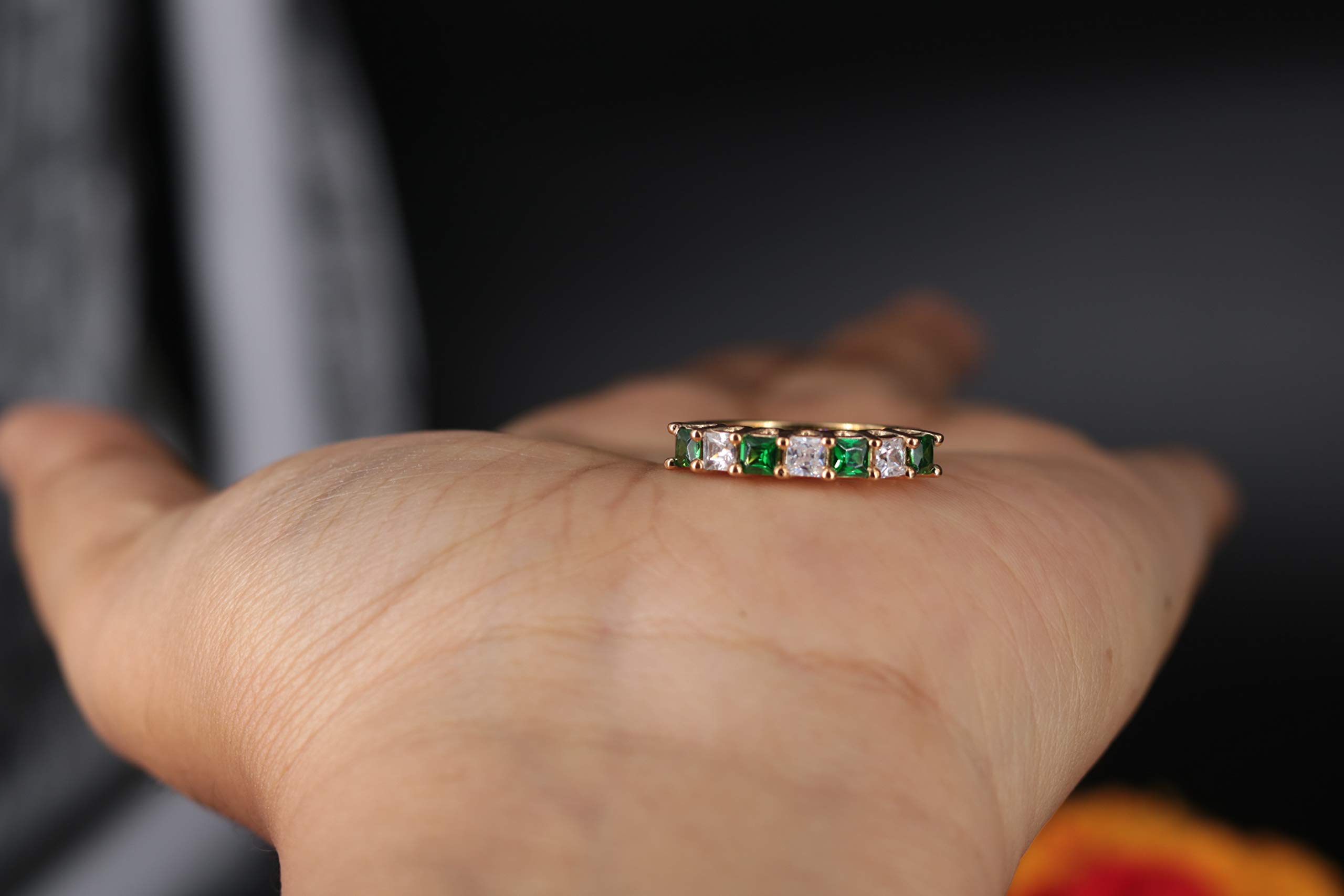 Gold & Diamonds Jewellery Princess Cut Emerald & Diamond Half Eternity 14k Yellow Gold Plated Wedding 7-Stone Band Ring for Women