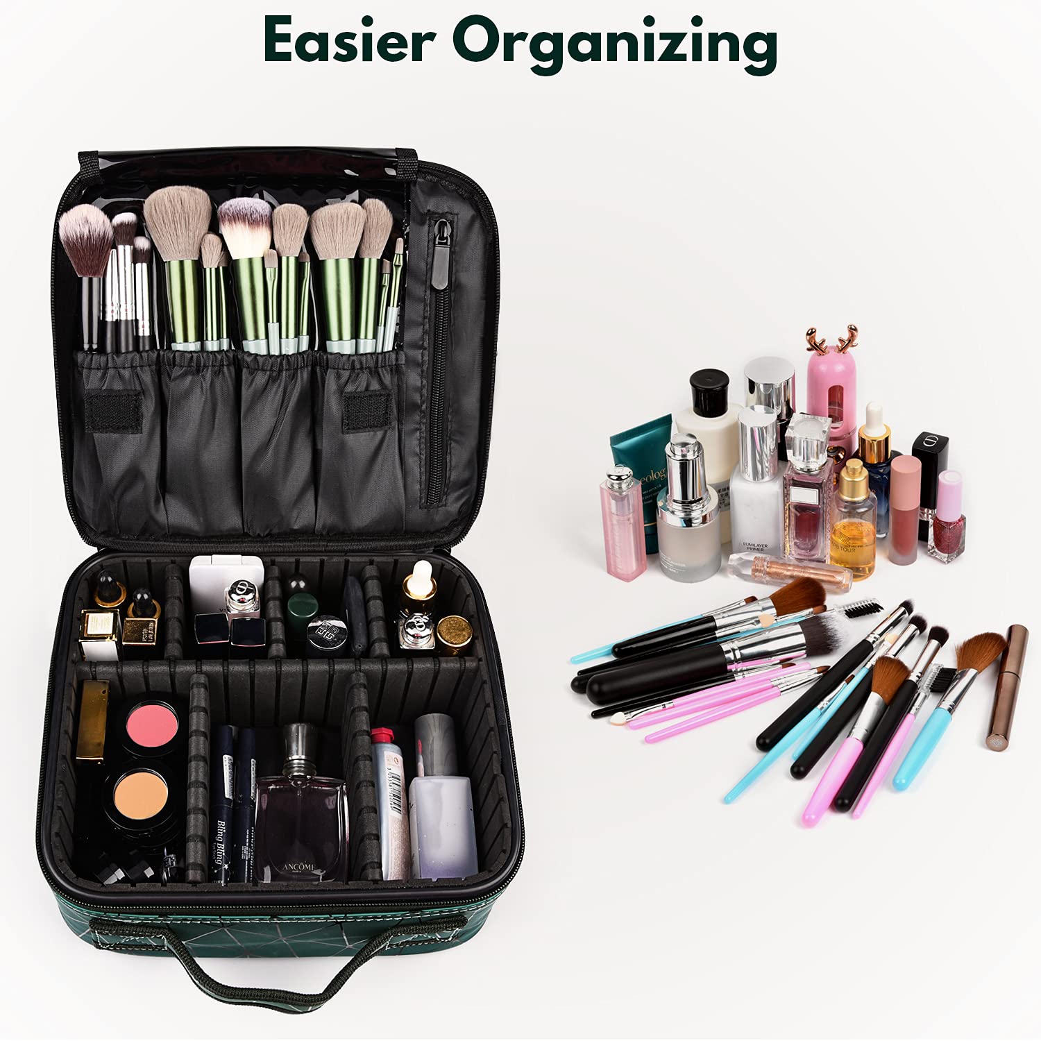 Garsumiss Travel Makeup Train Case Professional Cosmetic Bag Organizer Portable Artist Storage Make Up Compartments Tool Box Vanity for Brushes Toiletry Jewelry,Diamond Shape Pattern(Green)