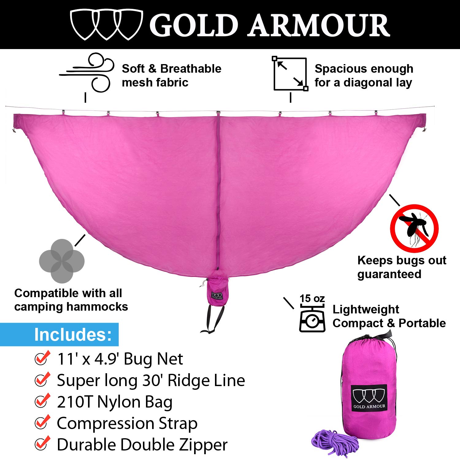 Gold Armour Camping Hammock with Bug Net - XL Double Hammock Portable Hammock Camping Accessories Gear Mosquito Bug Net Set for Outdoor Indoor, USA Based Brand (Fuchsia & Pink)