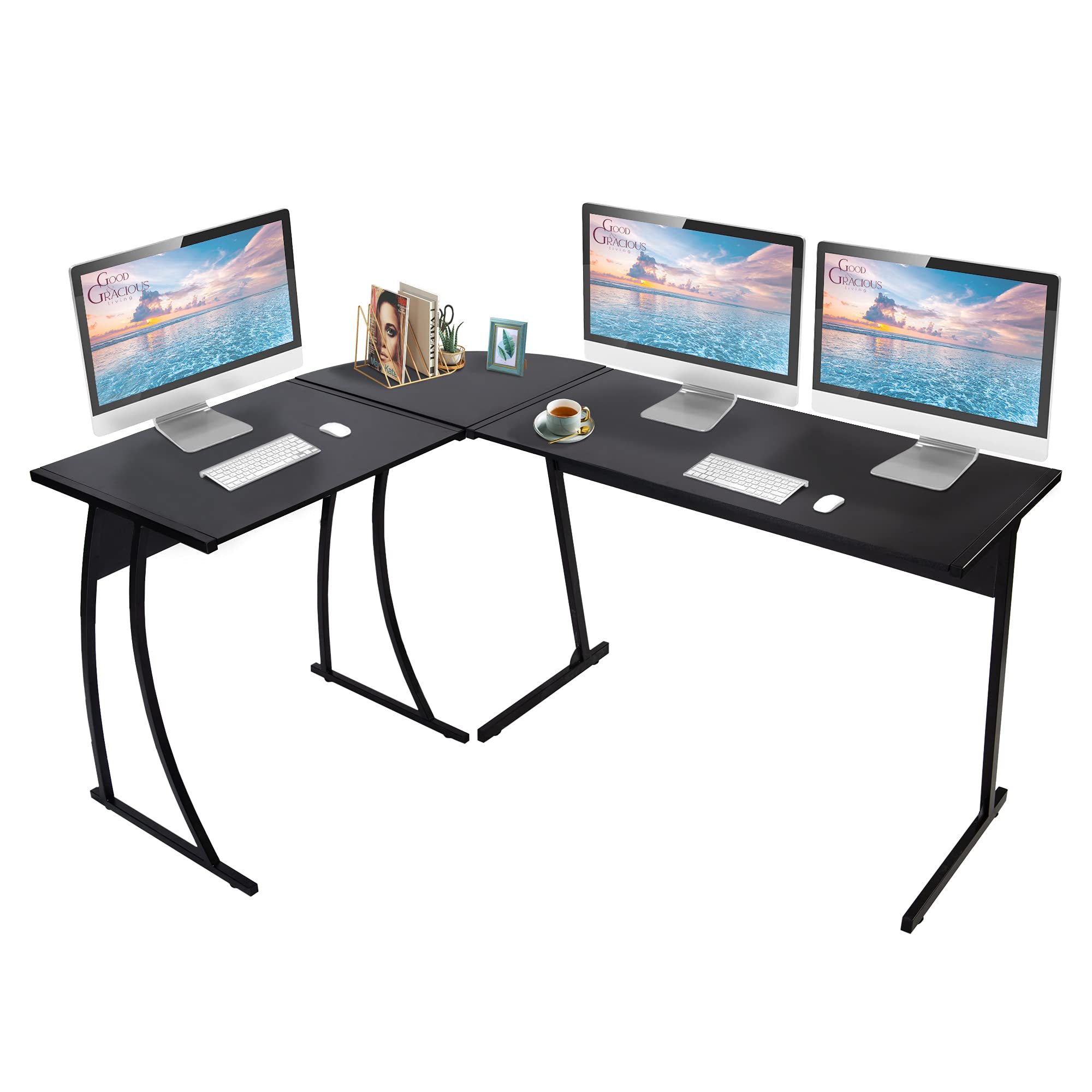 GOOD & GRACIOUS 65" L Shape Desk, Gaming Desk L Shaped, Modern Office Workstation, Corner Computer Desk for Home Office, Study, Writing, Left or Right Corner, Black