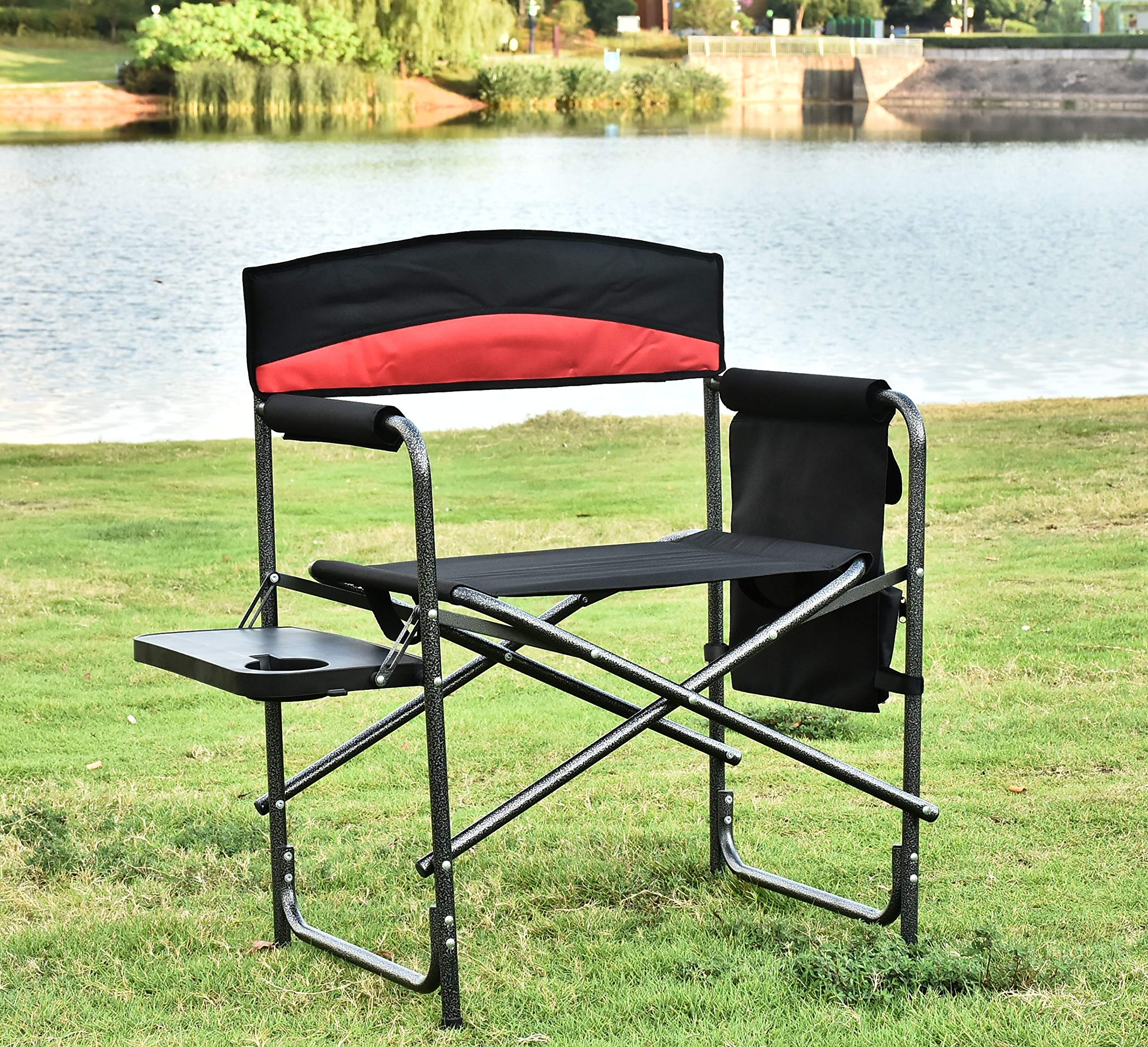 Grepatio Portable Folding Camping Chairs Set of 2, Aluminum Frame Director Chairs with Side Table, Cup Holder, Carry Handle - Supports 330LBS