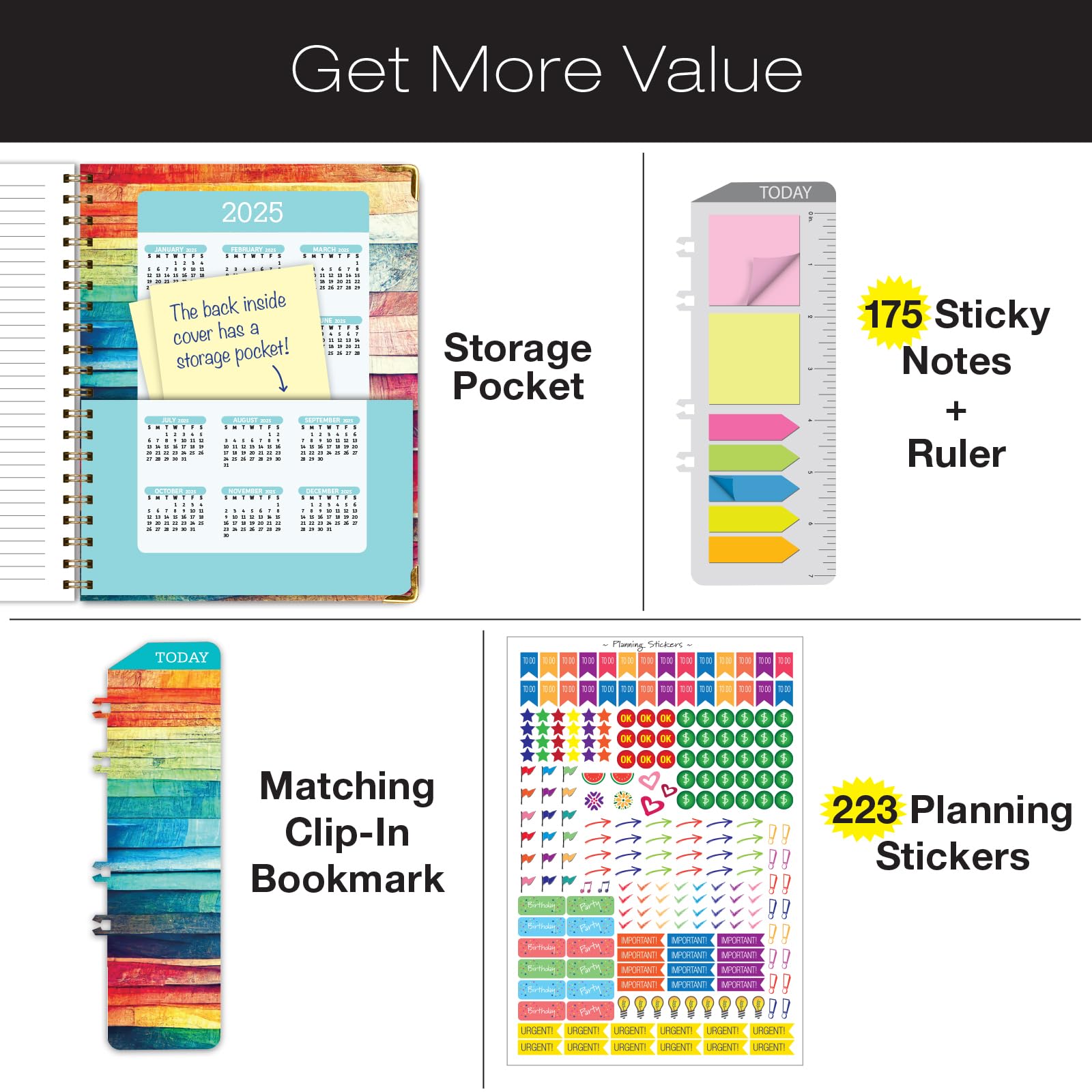 Global Printed Products, HARDCOVER 2024 Planner: (November 2023 Through December 2024) 8.5"x11" Daily Weekly Monthly Planner Yearly Agenda Bookmark, Pocket Folder & Sticky Note Set (Rainbow Oak)