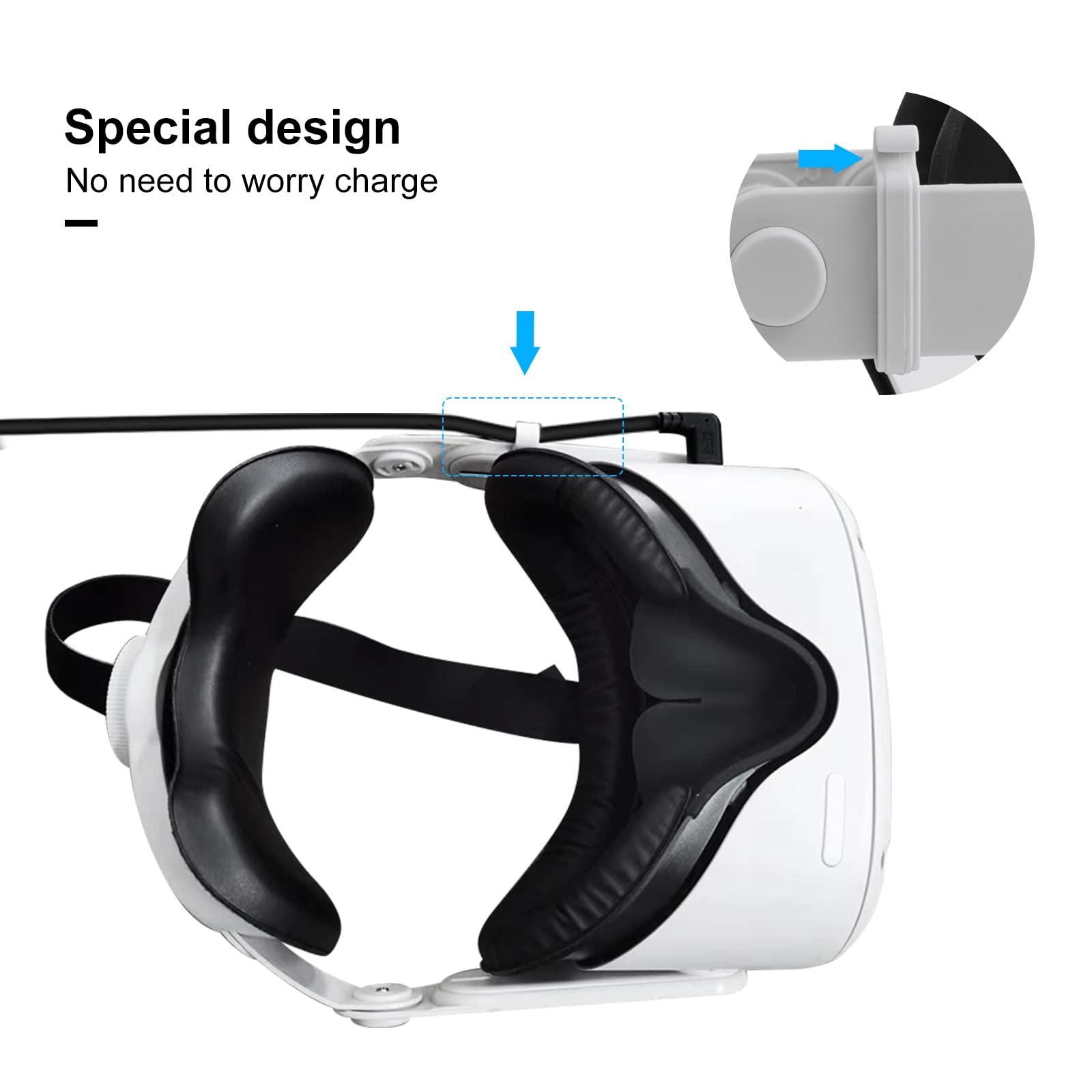 Inandon Head Strap Accessories with PU Leather Foam Face Pad, Replaces Elite Strap Compatible with Quest 2, comfort in VR Reduce Face Pressure in VR Playtime with clip for Charger Cable, Adjustable