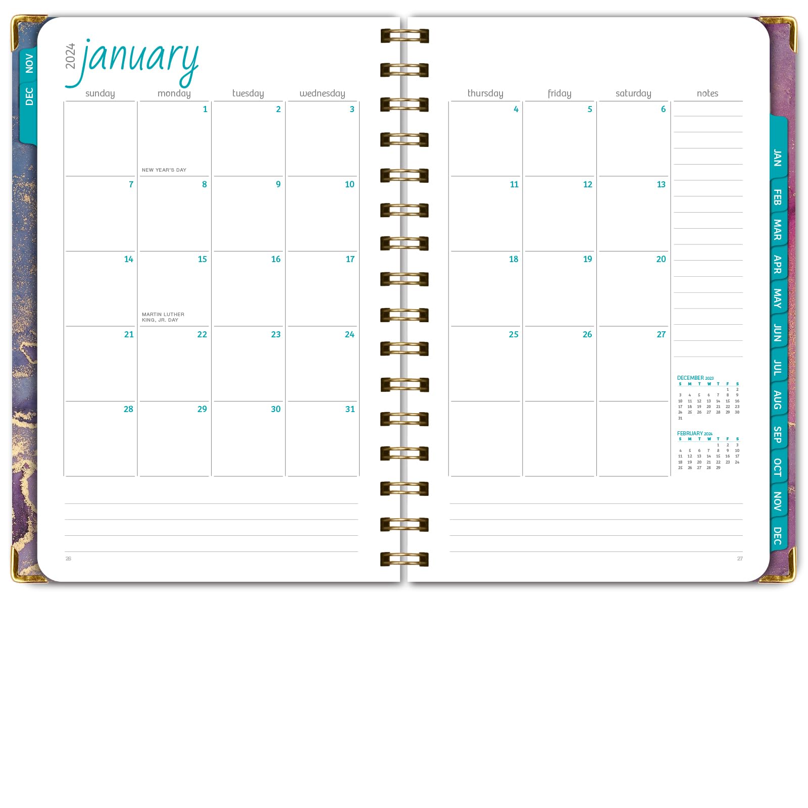 Global Printed Products HARDCOVER 2024 Planner: (November 2023 Through December 2024) 5.5"x8" Daily Weekly Monthly Planner Yearly Agenda Bookmark, Pocket Folder & Sticky Note Set (Pink Purple Marble)