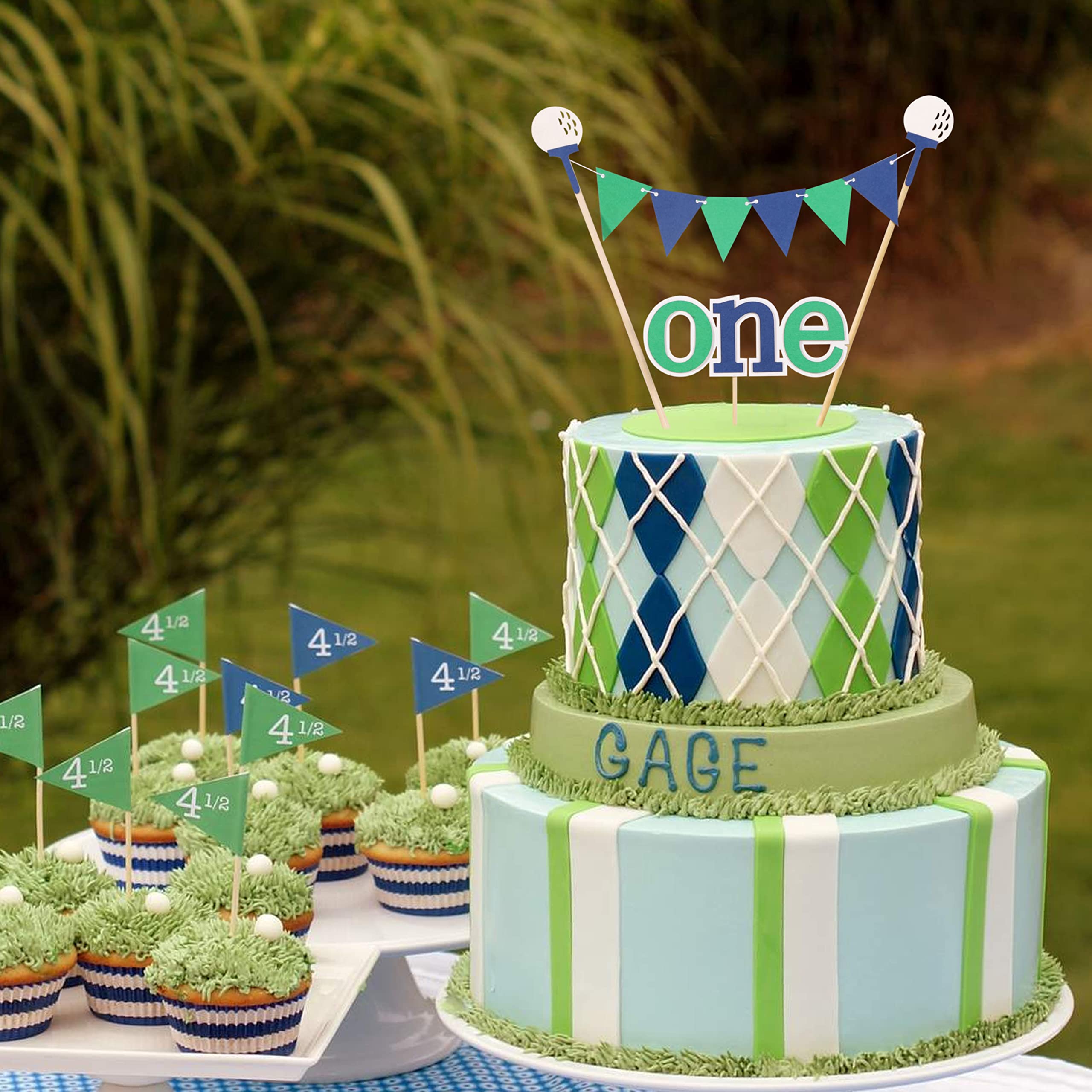 Golf First Birthday Cake Topper - 1st Birthday Cake Topper, Golf Themed First Birthday Party, Golf Tee Decor, One Cake Bunting, Boy 1st Birthday Party Supplies (Golf First Birthday Cake Topper)