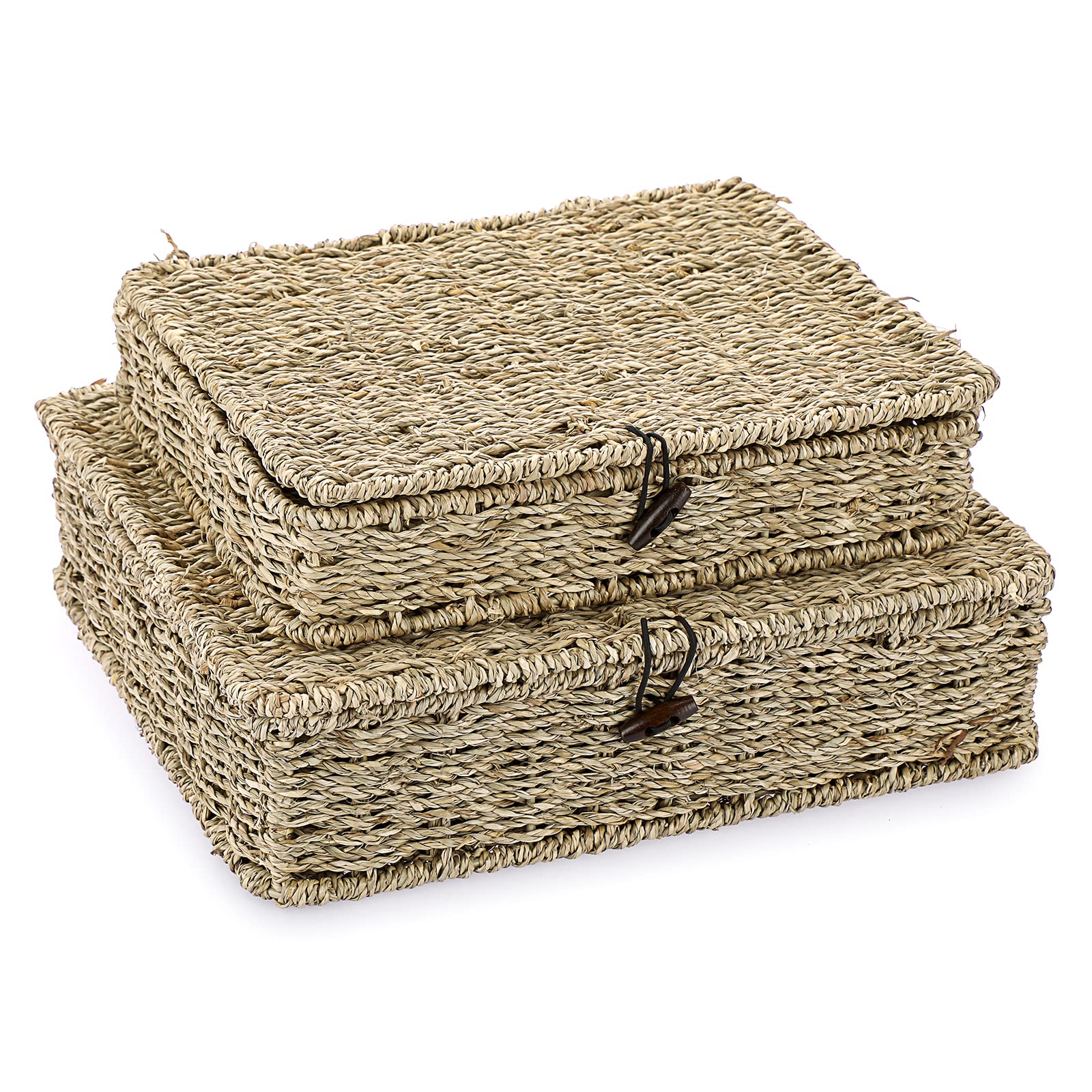 Hipiwe Set of 2 Flat Wicker Baskets Bins with Lid Handwoven Seagrass Storage Baskets Box Multipurpose Shelf Basket Bin Home Organizer Basket for Shelf Closet