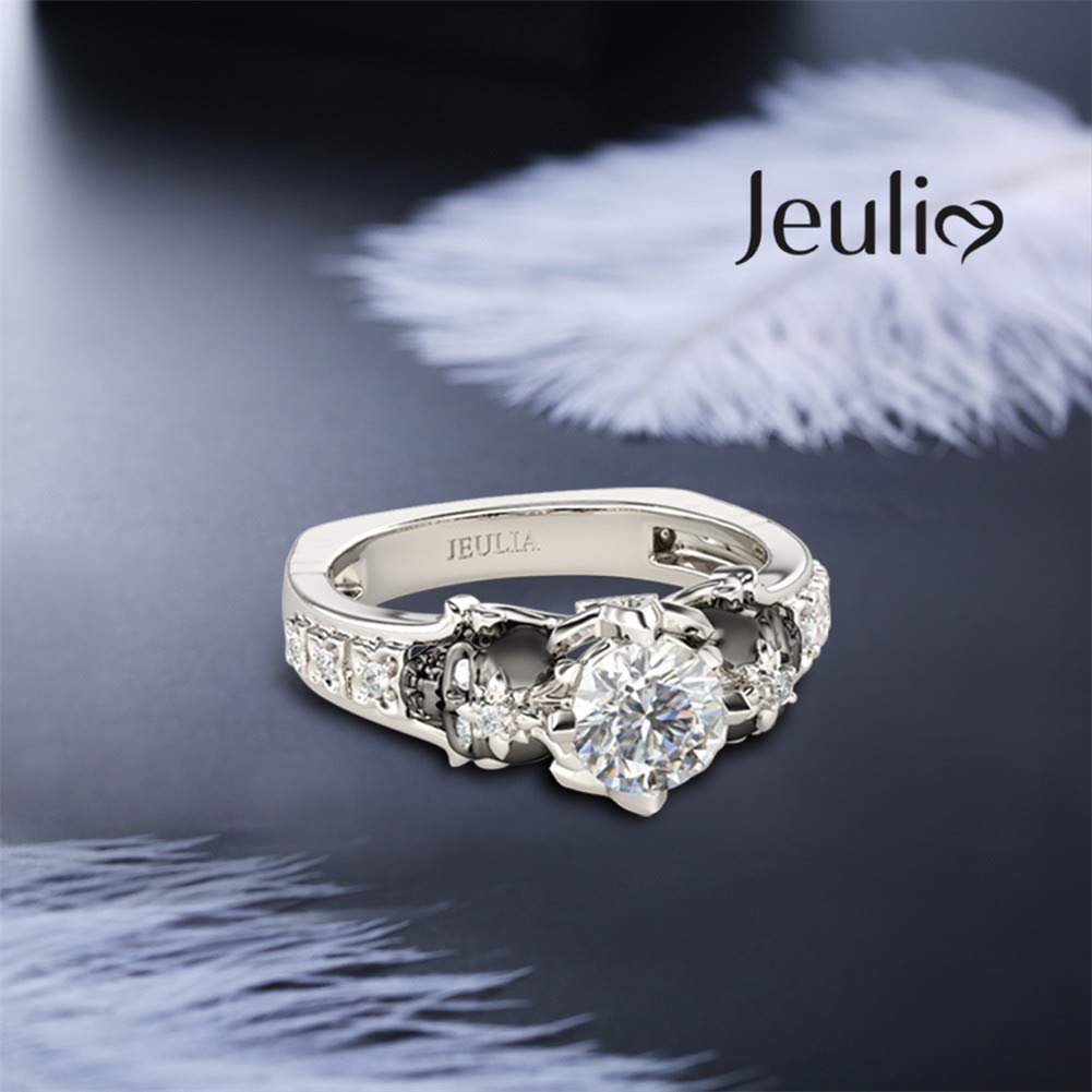 Jeulia 2 Carat Round Cut Diamond Skull Rings for Women Customized Bridal Sterling Silver TwoTone Wedding Band with European Shank Wedding Engagement Promise Rings for Her with GiftBox (10.5)