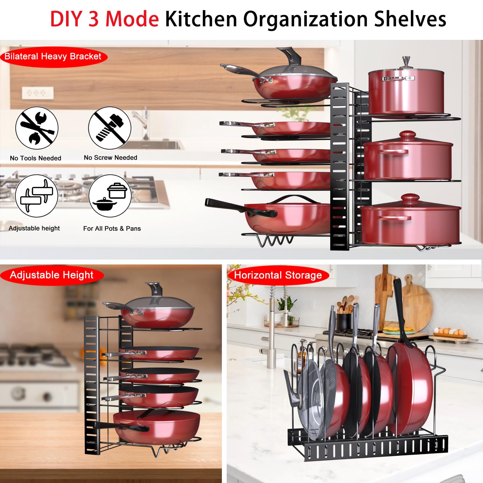 HAOWUJIN Pot And Pan Organizer For Cabinet, 3 Diy Methods Pot Organizer Rack for Under Cabinet, Kitchen 8 Tiers Adjustable Cookware Bakeware Cookie Sheet And Cutting Board Pot Lid Organizer