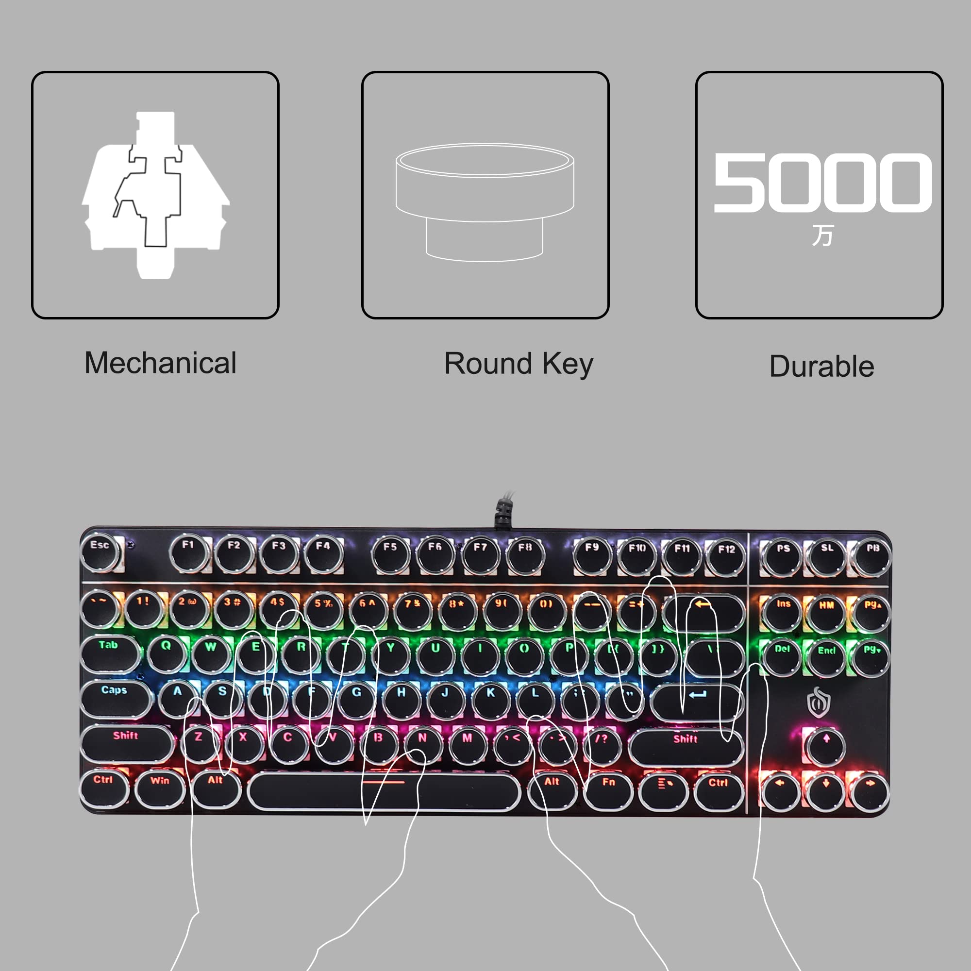 HJK917 USB Wired Mechanical Gaming Keyboard, Blue Axis 87 Round Keys, RGB LED Backlit, Waterproof, Typewriter Style, Ergonomics, Easy to Hit, Compatible with PC/Laptops/Windows for Work/Game (Black)