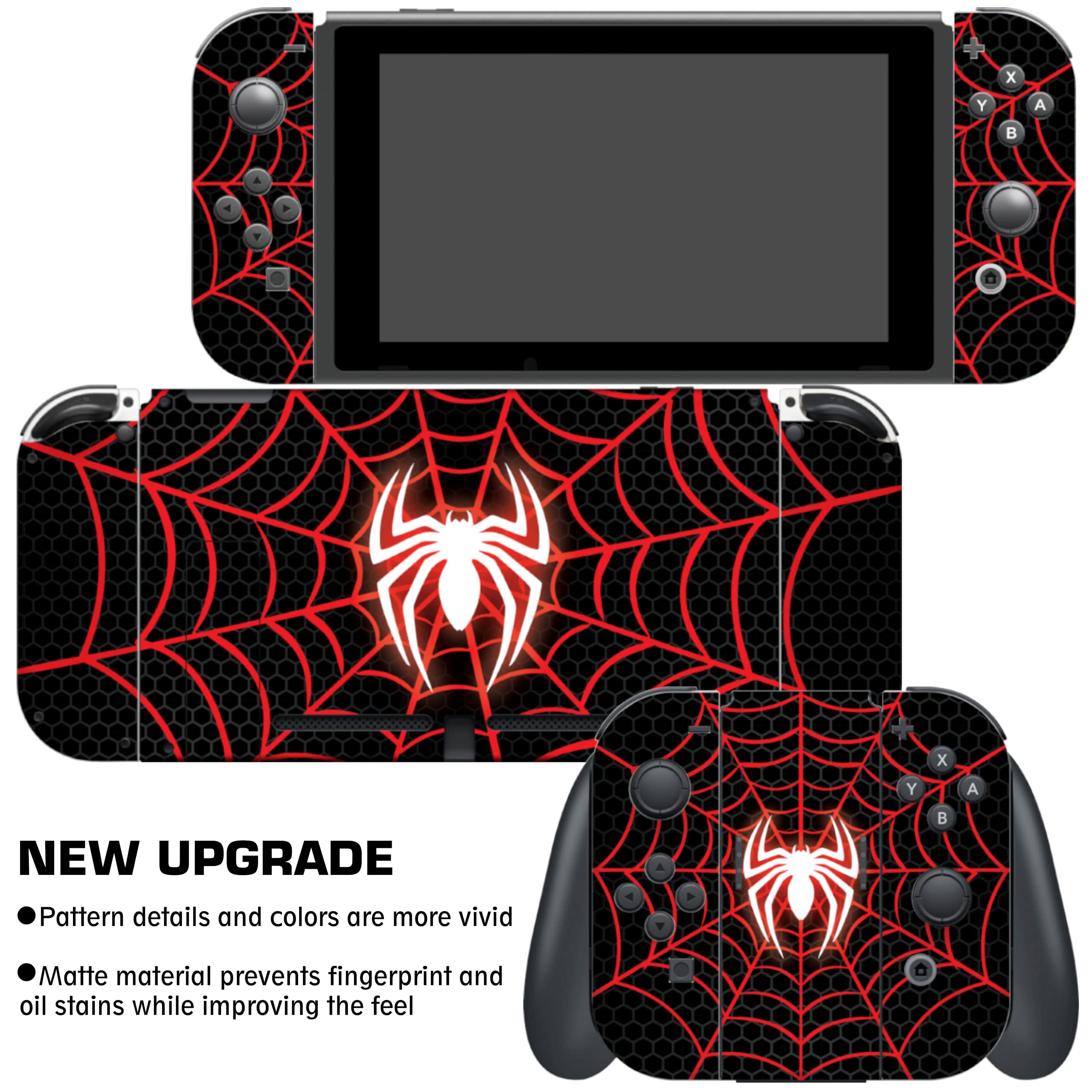 HK Studio Game Console Switch Skins - Spider Game Console Switch Stickers with No Bubble, Waterproof - Game Console Switch Wrap Skin - Including Skin for Joy-Cons, Dock, Grip and Console