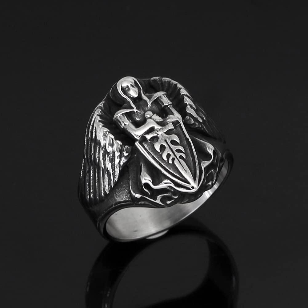 GuoShuang ST.MICHAEL ARCHANGEL CROSS SHIELD PRAYER MEDAL Amulet Stainless Steel Ring (10)