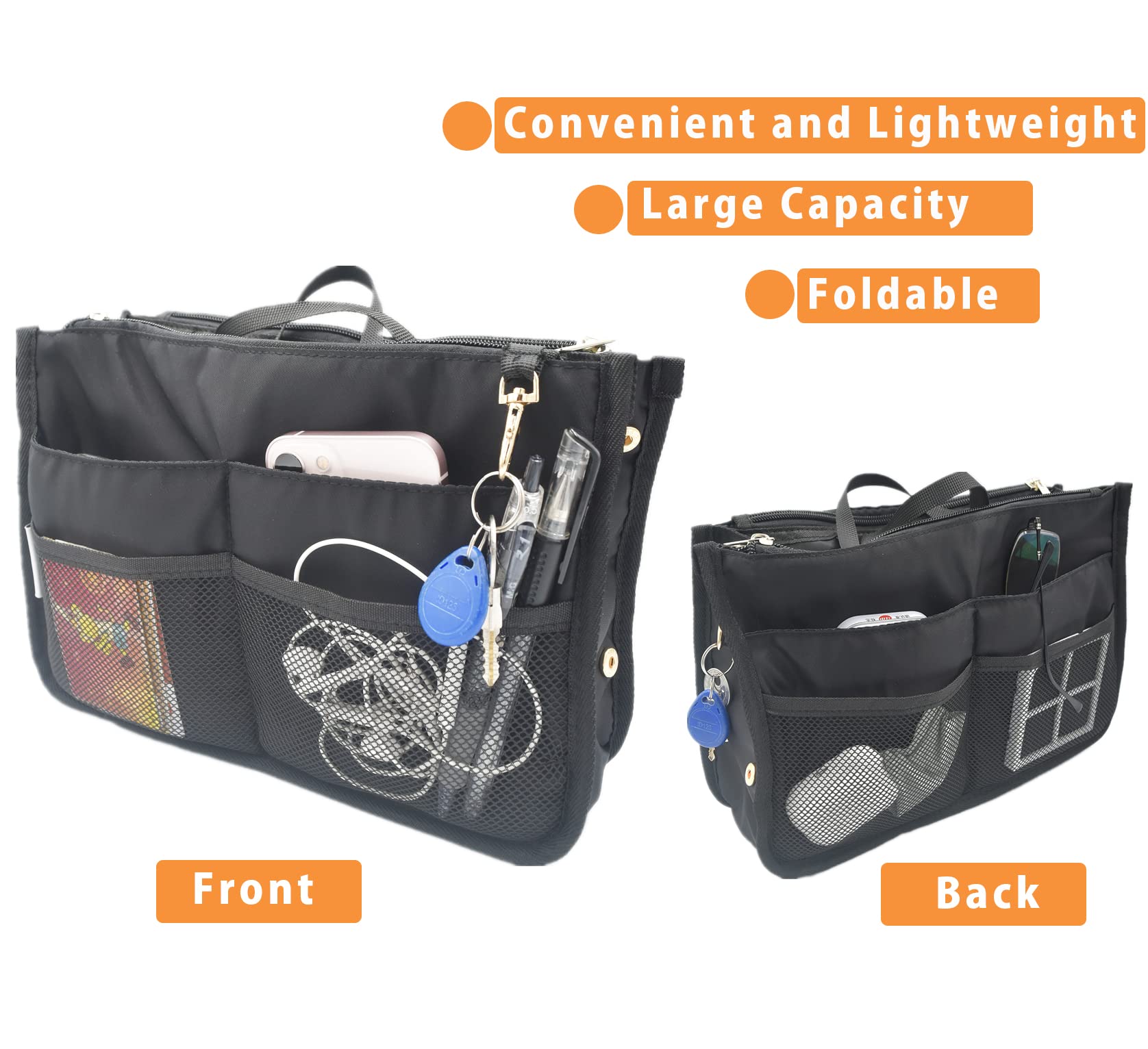 Hongmeru Purse Organizer Insert for Handbags, Tote Bag Organizer Insert with 11 Pockets, Bag Organizer for Tote with Handle, Nylon, Foldable, Tote Organizer Insert with Metal Zipper and Hook Black