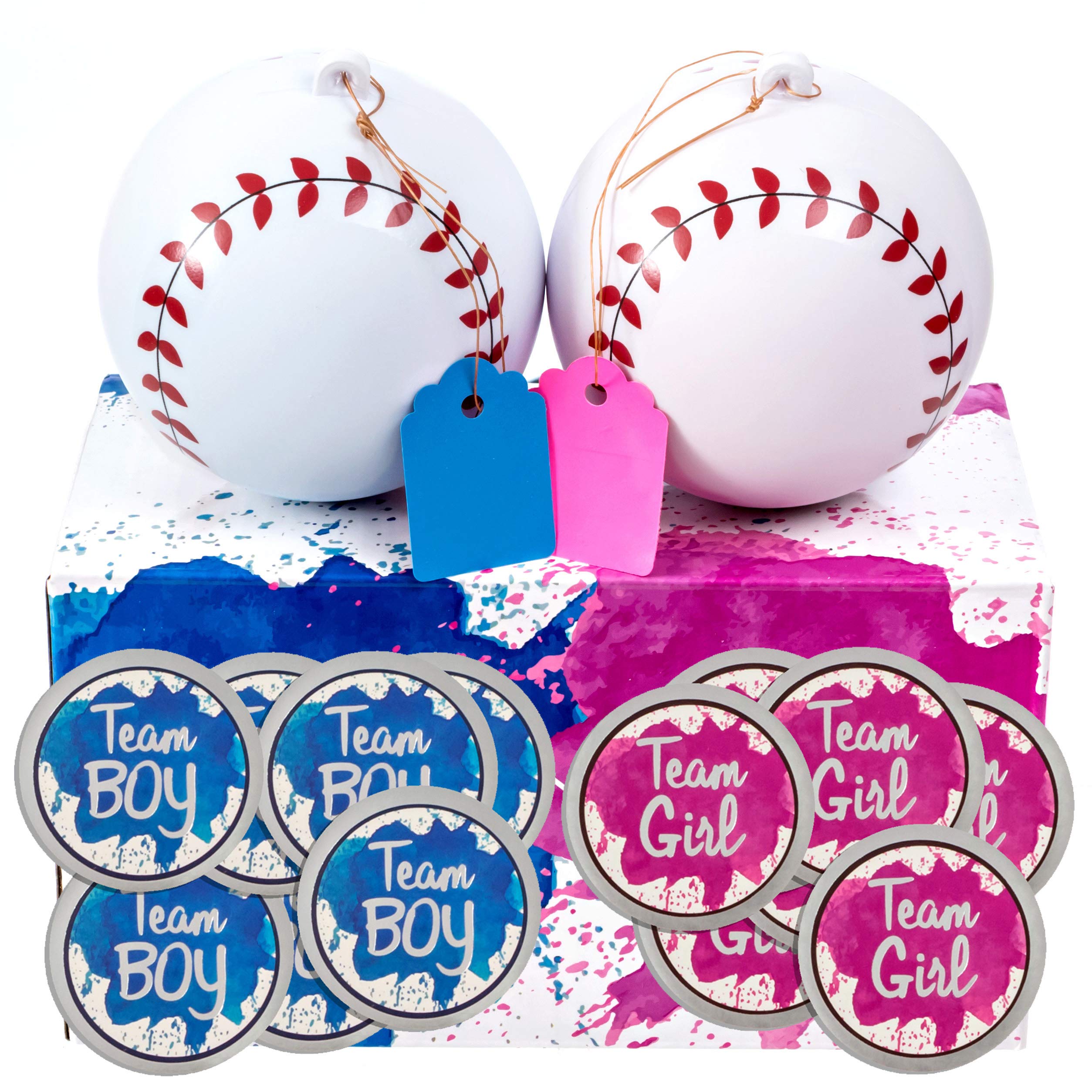 Gender Reveal Baseball Set - 2 Balls - Pink and Blue Exploding Gender Reveal Ball with Powder Plus 20 Pink & Blue Baby Gender Voting Stickers & Baseball Or Bows Party Supplies Decorations Baby Reveal