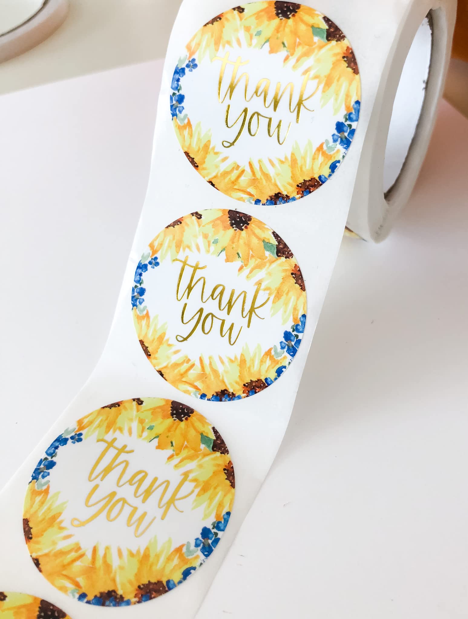 Mailed It 1.5 Inch Sunflower Gold Thank You© Stickers - 250 Per Roll - Pretty Packaging Supplies