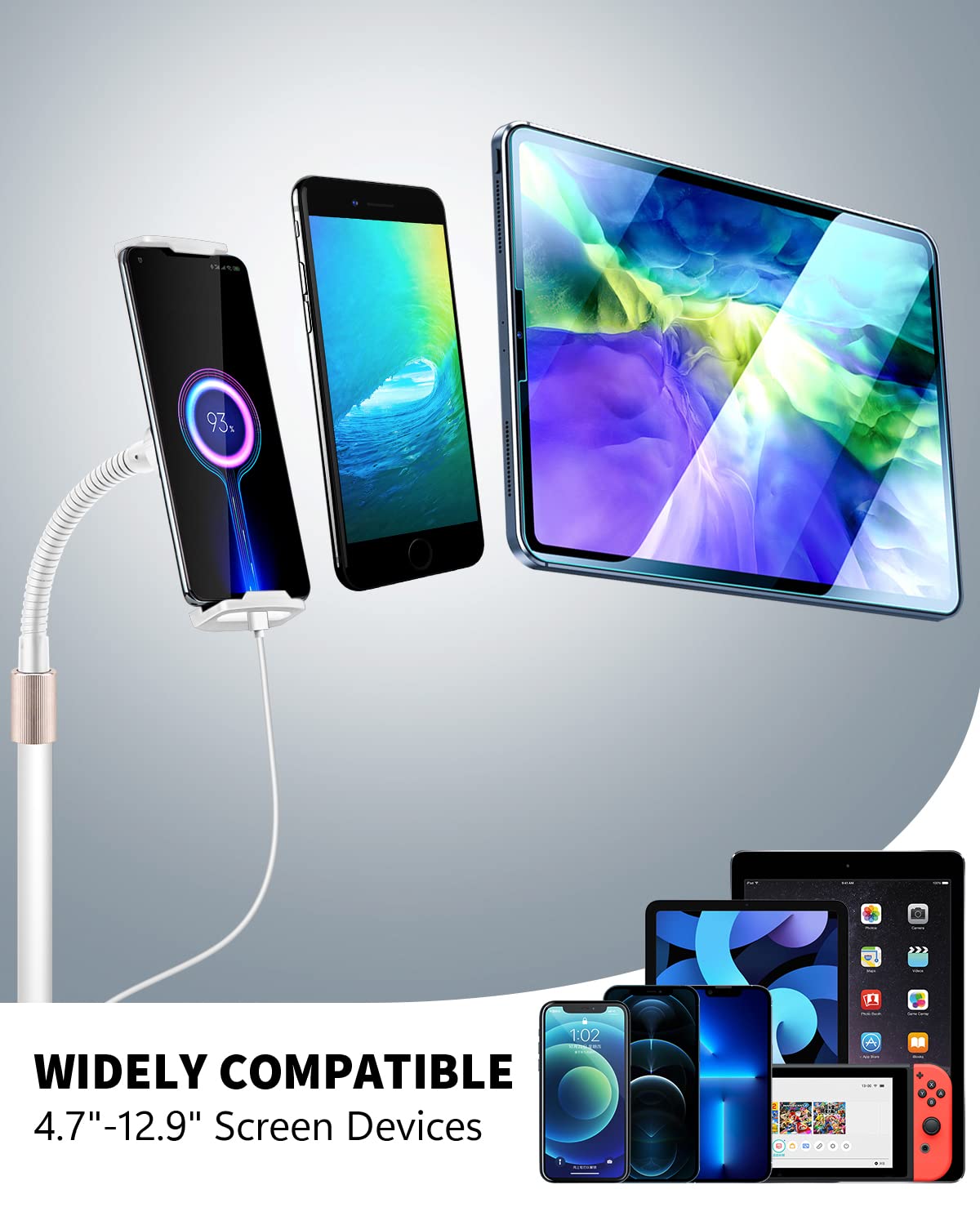 iFongsh Tablet Stand for Desk, 2-in-1 Ipad Holder Stand & Phone Stand,360 Degree Rotating Gooseneck and Height Adjustable Desktop Holder Dock Compatible with(4.7"-13") iPhone,iPad Pro,Air,Mini