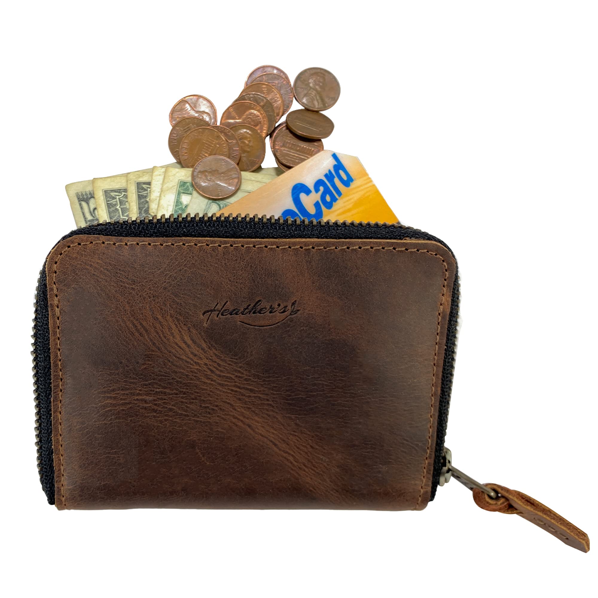Heather's, Zippered Wallet Handmade from Full Grain Leather - Business Card & Money Holder, Compact Pocket Organizer, Everyday Accessories - Bourbon Brown