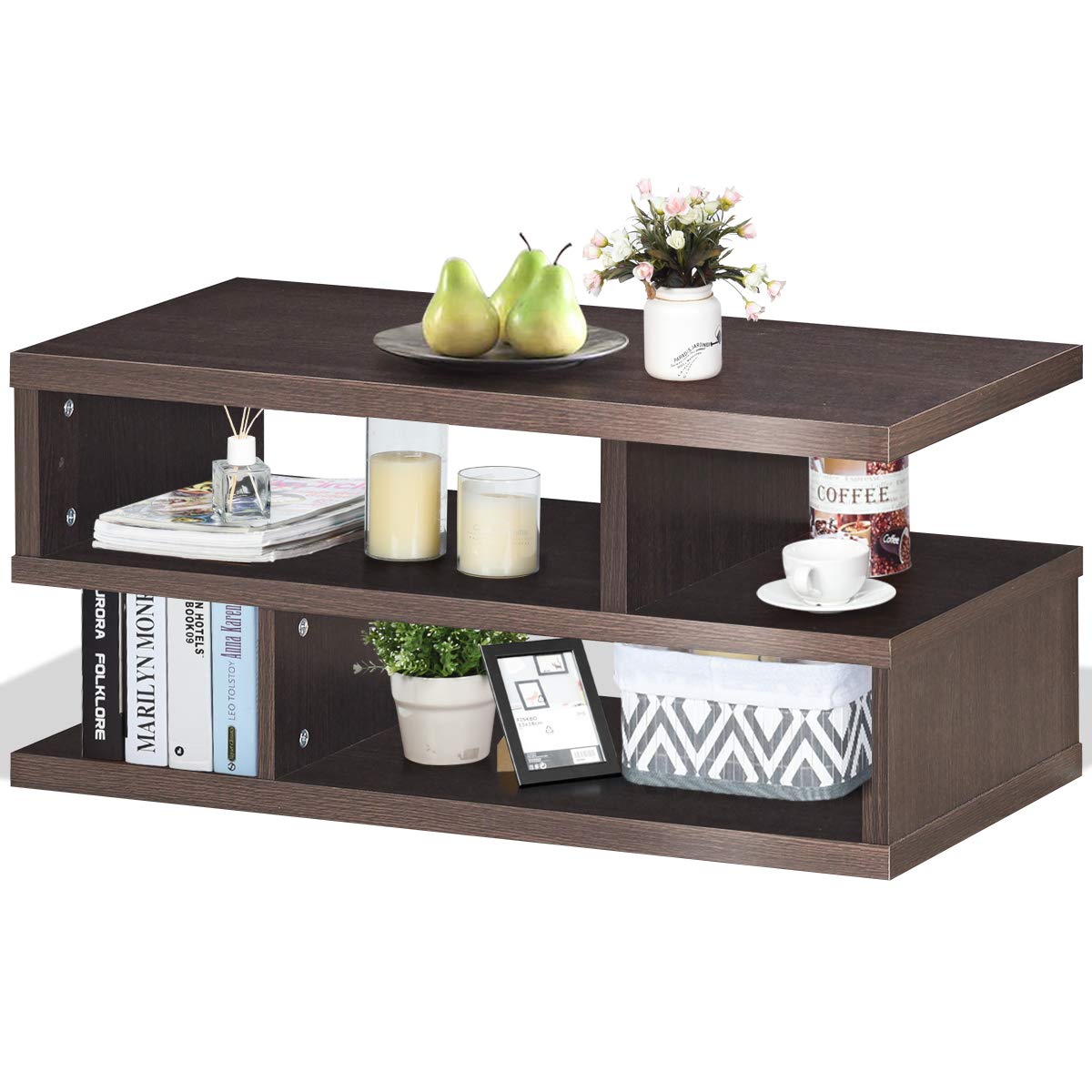 Giantex Coffee Table, Rectangular Tea Table with Storage Shelf, 3-Tier Sofa Table, Modern Console Table, Space Saving Organizer, Furniture for Home Living Room Office, Brown (Brown)