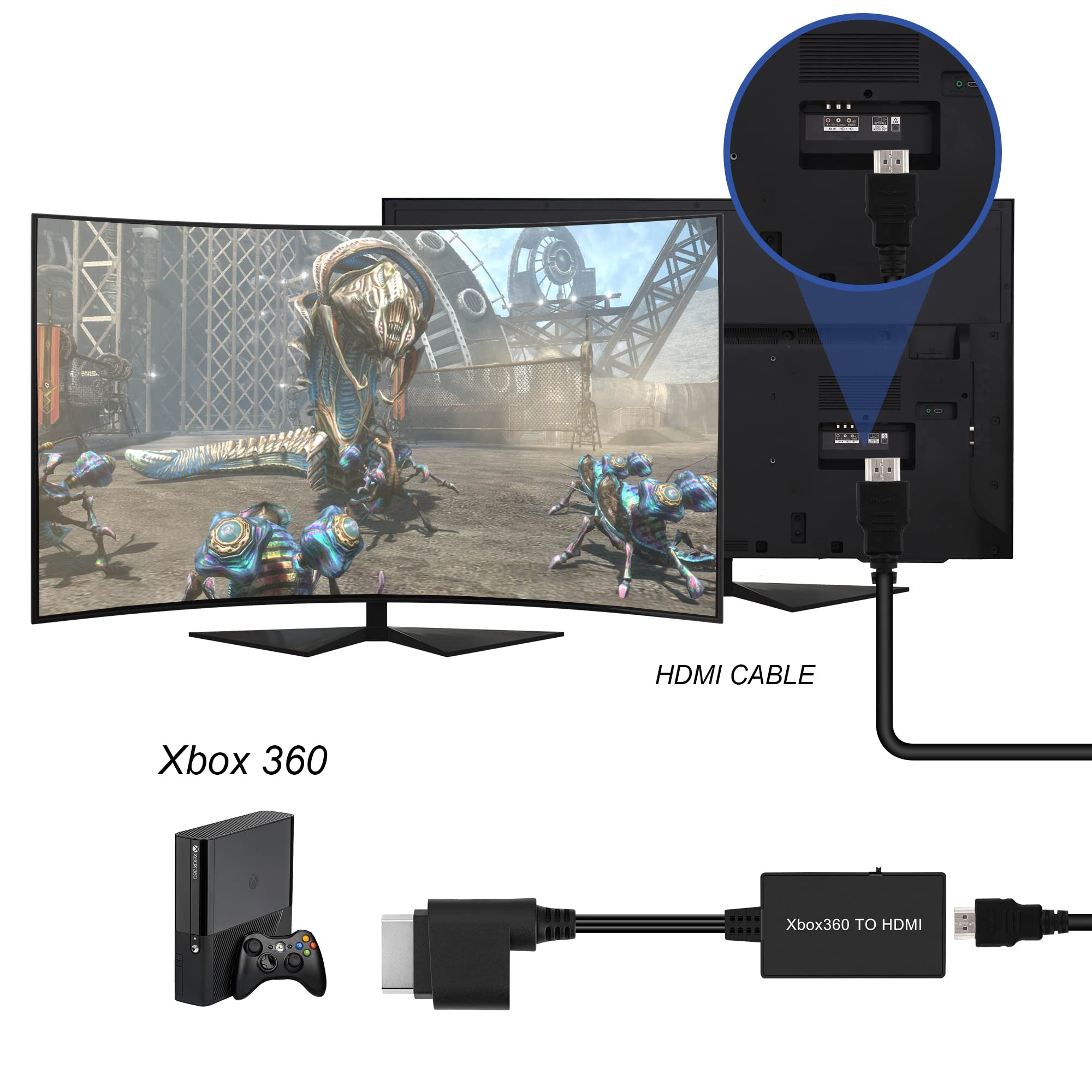 HDMI Cable for Xbox 360 Console, Xbox 360 to HDMI Converter Adapter Compatible Xbox 360 and Xbox 360 Slim - Black