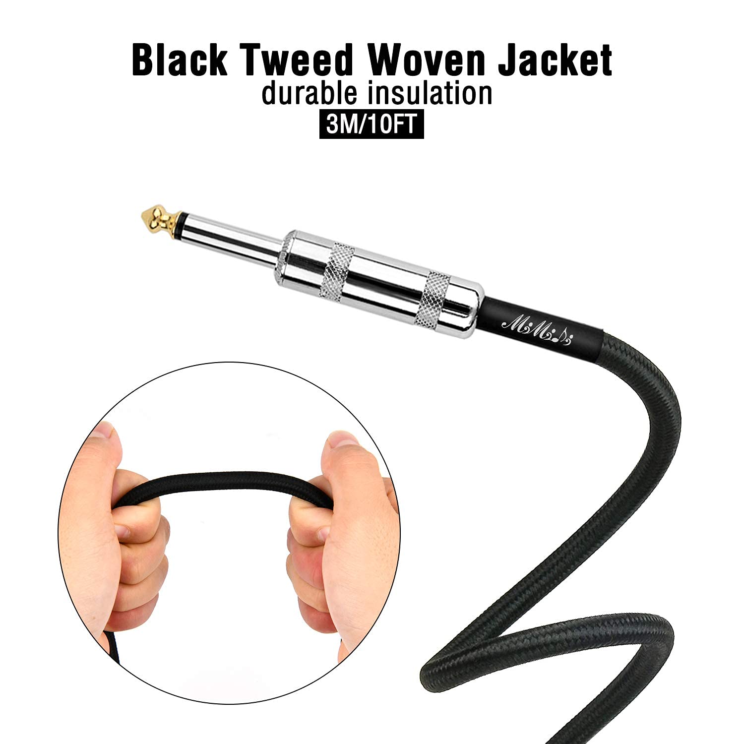 Guitar Instrument Cable 1/4 inch Color Tweed Jacket Instrument Cable 10 ft for Electric Guitar, Bass Guitar, Electric Mandolin- Single (Black+Right Angle)