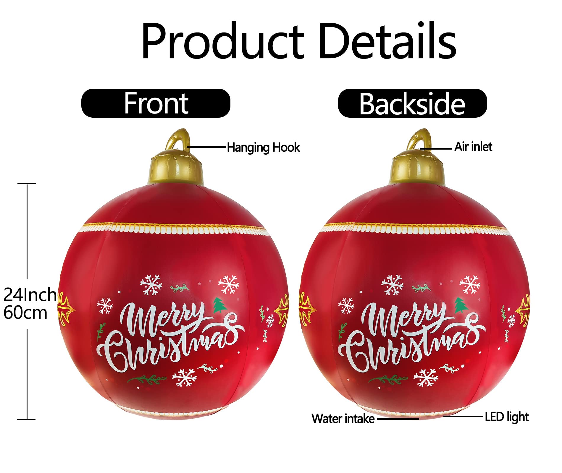 IOKUKI Light Up PVC Inflatable Christmas Ball, 24 Inch Large Outdoor Christmas PVC Inflatable Decorated Ball with Rechargeable LED Light & Remote for Outdoor Yard & Pool Decorations 1 PCS