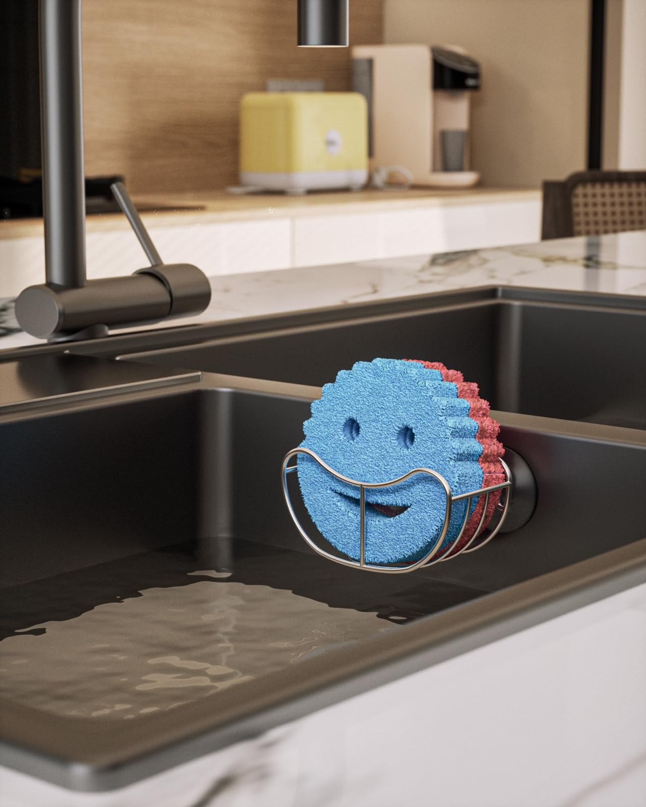 HapiRm Smiley Face Sponge Holder for Kitchen Sink, Two Installation Ways Sink Caddy with Suction Cups & Adhesive Hook, Polished Rustproof Stainless Steel Sink Sponge Holder-Silver