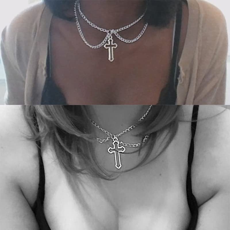 HMIXN Layered Choker Cross Necklace Silver Chain Simple Punk Cross Pendant Gothic Collar Handmade Statement Chunky Chains Necklaces for Women