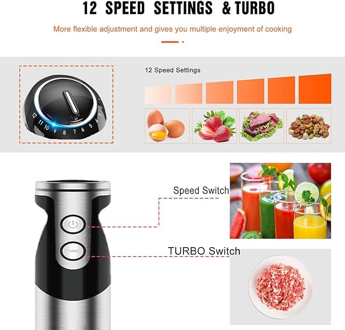 MegaWise Blender Handheld 12-Speed Stainless Steel Electric Hand Blender, 5 in 1 Immersion Handheld Blender,Titanium Blades Hand Blender, Milk Frother Wand,with 600ml Whisk Beaker and Chopper (black)