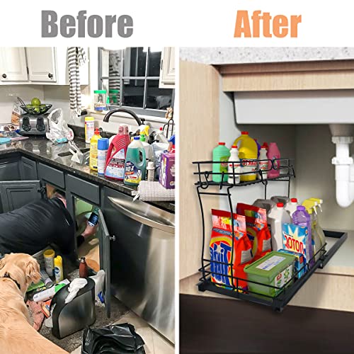 HAIQUANDJS Pull Out Cabinet Organizer 2 Tier Under Sink Cabinet Organizer Storage Shelf with Sliding Storage Basket for Kitchen Bathroom Laundry Room, Request at Least 11 inch Cabinet Opening