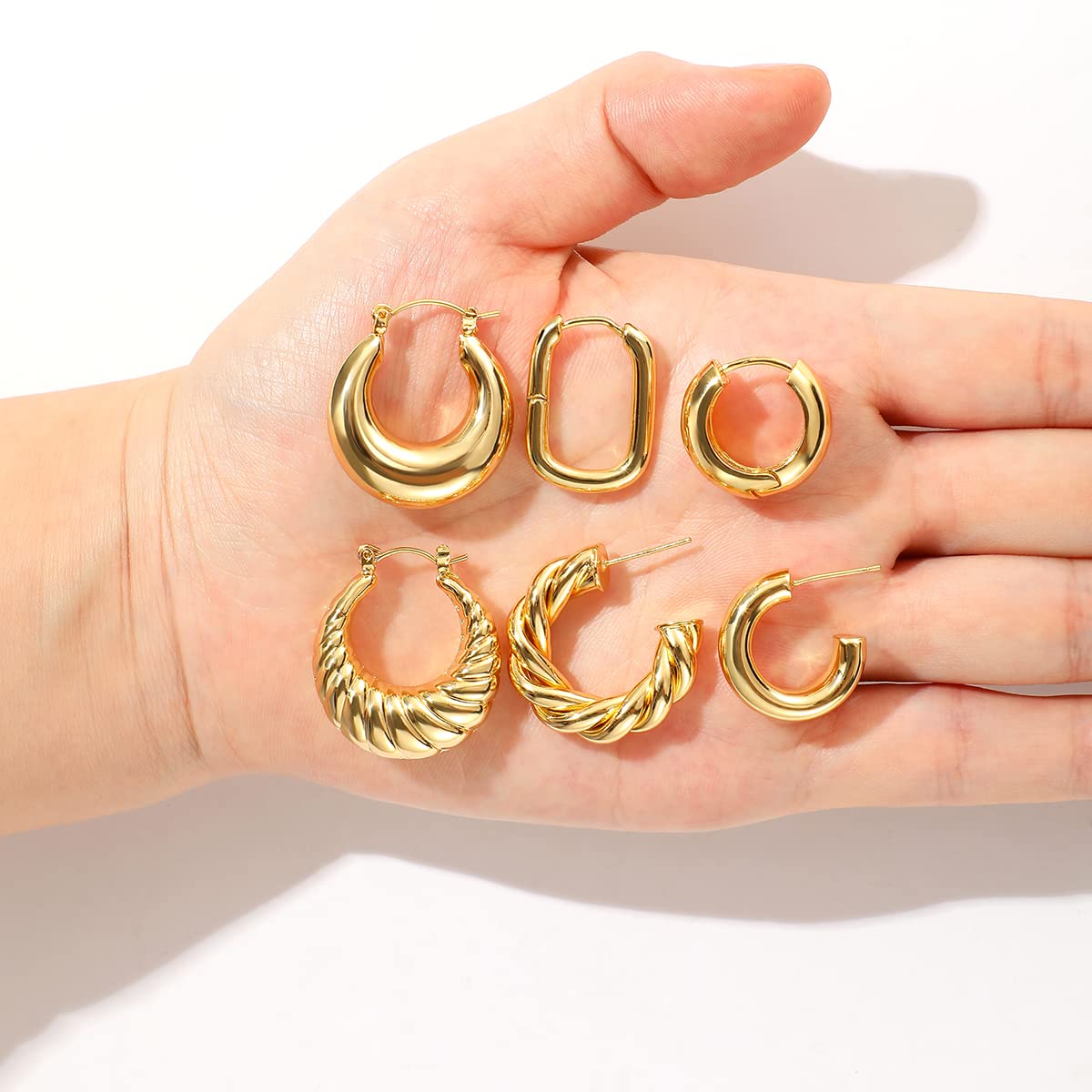 Gold Hoop Earrings for Women,14K Gold Plated Thick Hoop Earrings Pack, Chunky Hoops Set Hypoallergenic, Small Hoop Jewelry