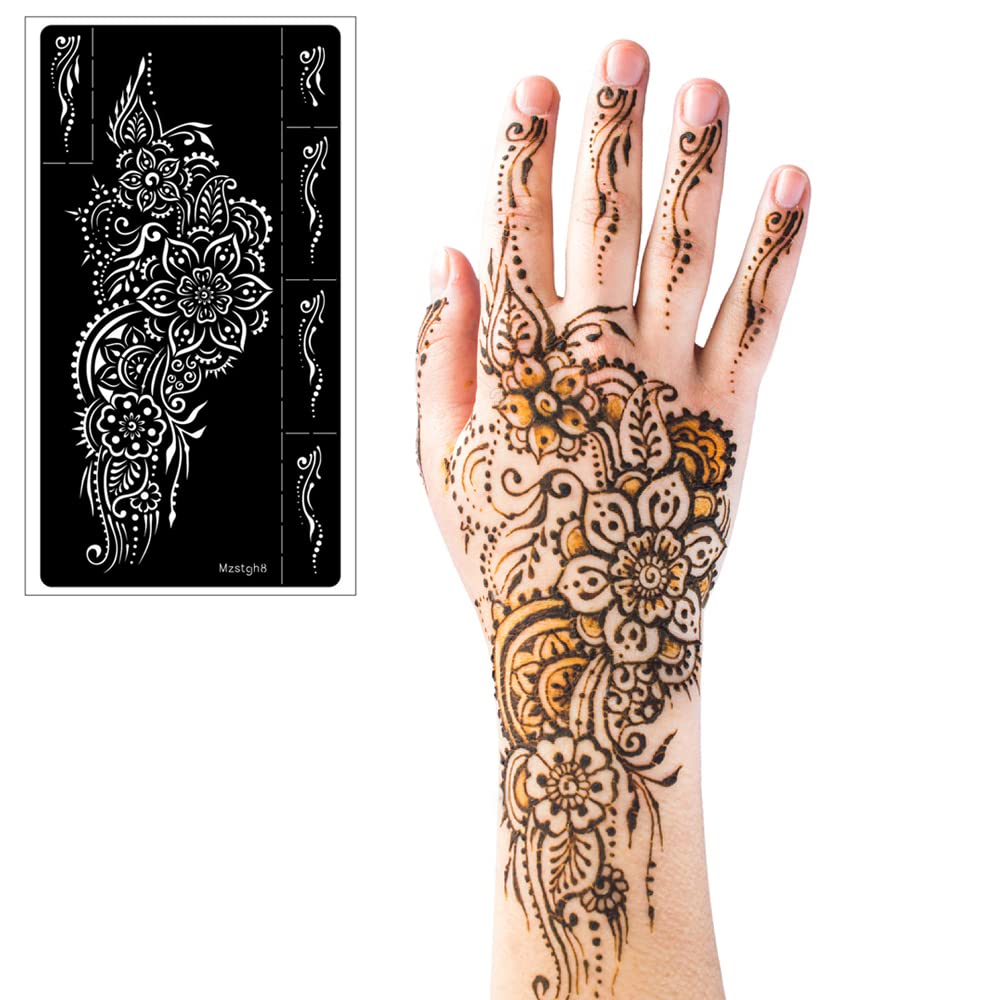 Henna tattoo stencils kit,Reusable henna stencils for Hand Forearm Glitter Airbrush Diy Tattooing Template, Indian Temporary Tattoo Stickers for Women Girls(8.2" x 4.7")