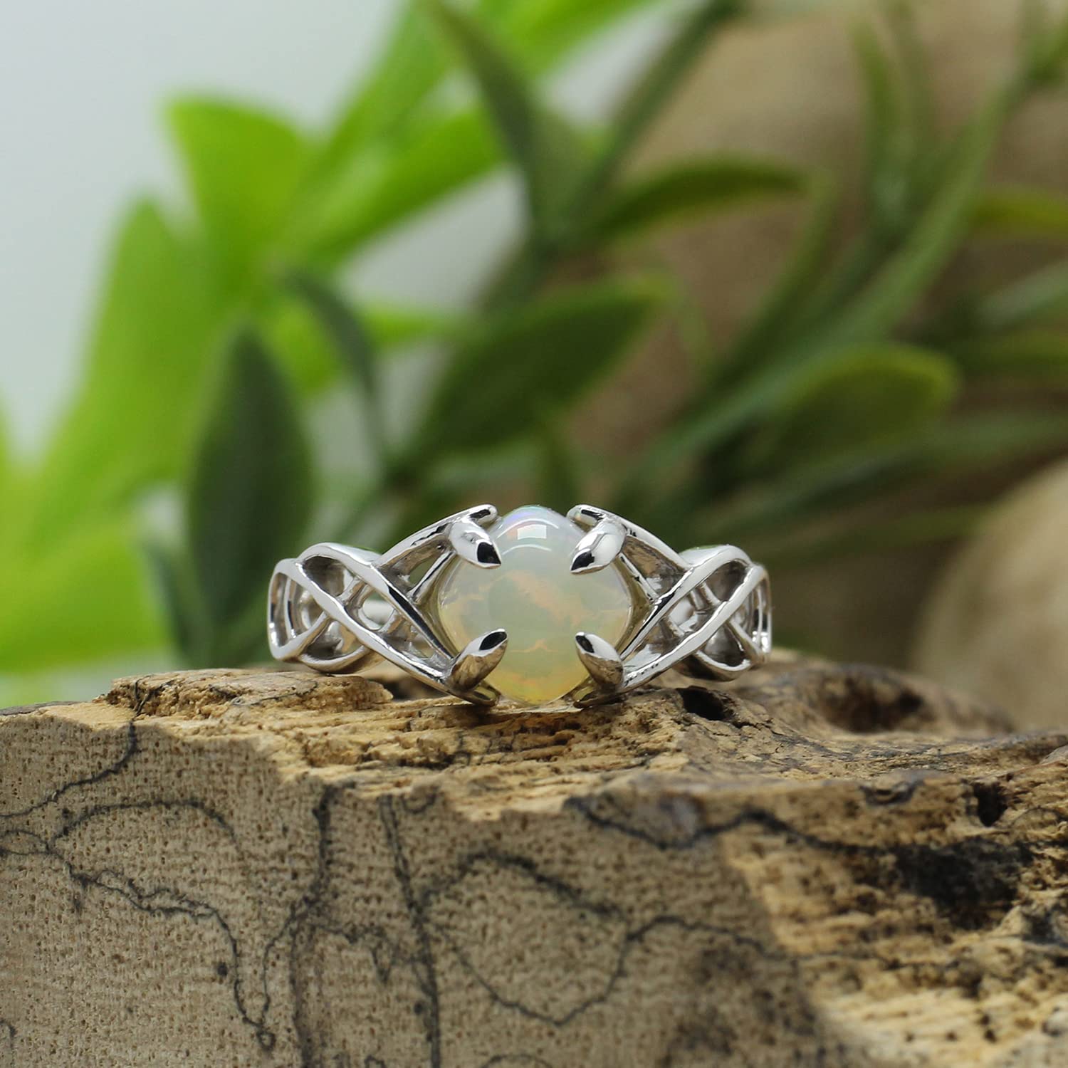 Gemvio Collection 1 CTTW 7MM Cushion Cut Natural Opal Gemstone Solitaire Celtic Knot Promise Engagement Ring In 14K Solid White Gold Jewelry For Women Ring Size-8