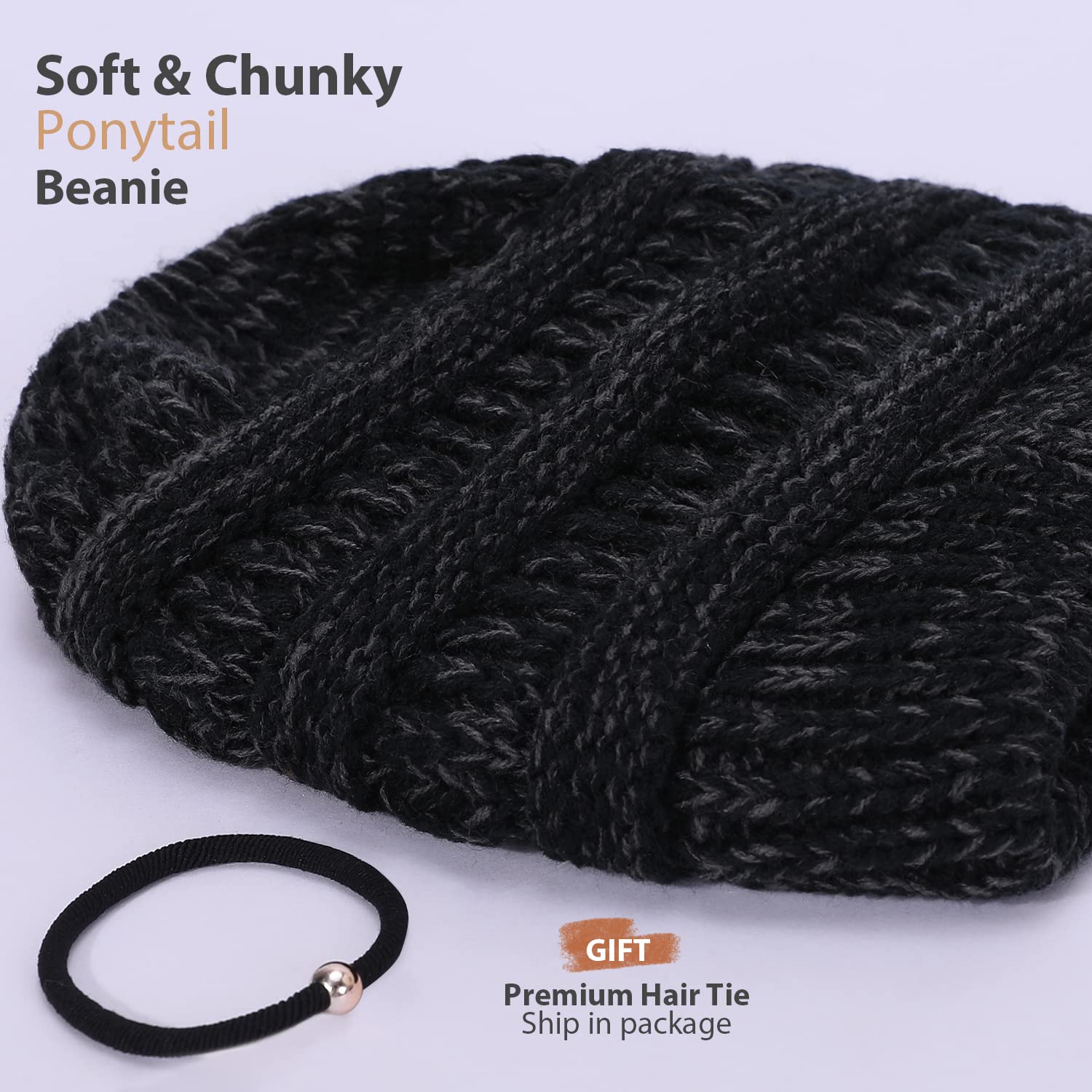 Hat Hut Satin Lined Winter Beanie Hat for Curly Hair Women Silk Lined Ponytail Beanie Messy Bun Cable Knit Chunky Skull Cap (Black Charcoal)