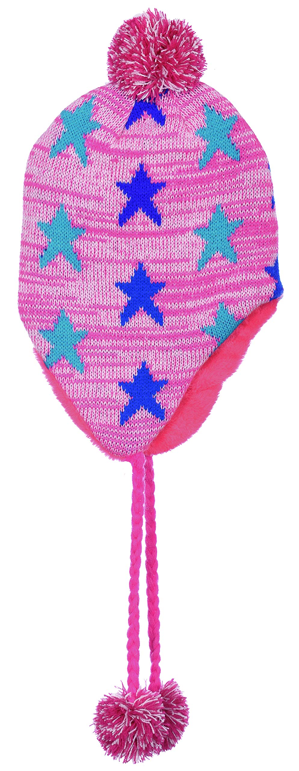 Girls Fleece Lined Knit Pom Beanie & Gloves Set with Warm Ear Flaps for Winter (Pink)