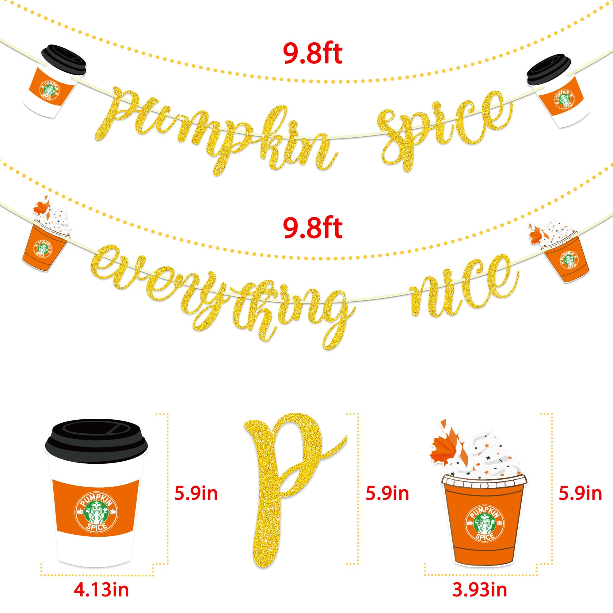 Gold Glitter Pumpkin Spice Everything Nice Banner - NO DIY - Fall Thanksgiving Party Decorations, Fall Decorations for Home Mantle Fireplace Wall, Farmhouse Fall Banner with Cups, Fall Harvest Banner