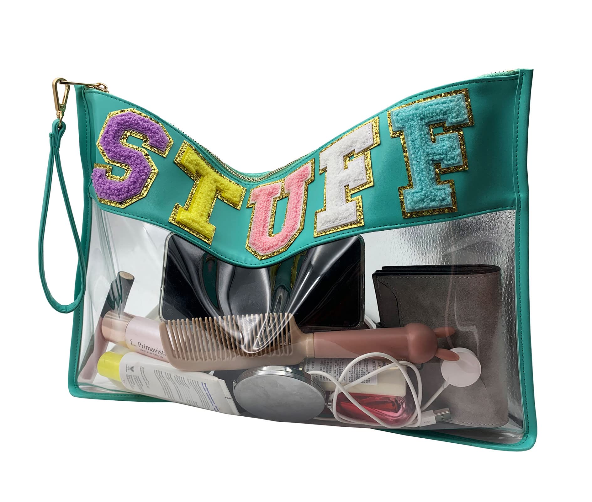 HAIBOLAN Monogram Clear Travel Patch Pouch Stadium Transparent Cosmetic Bag Wristlet PVC Waterproof Clutch Purse Tote Bag (stuff)