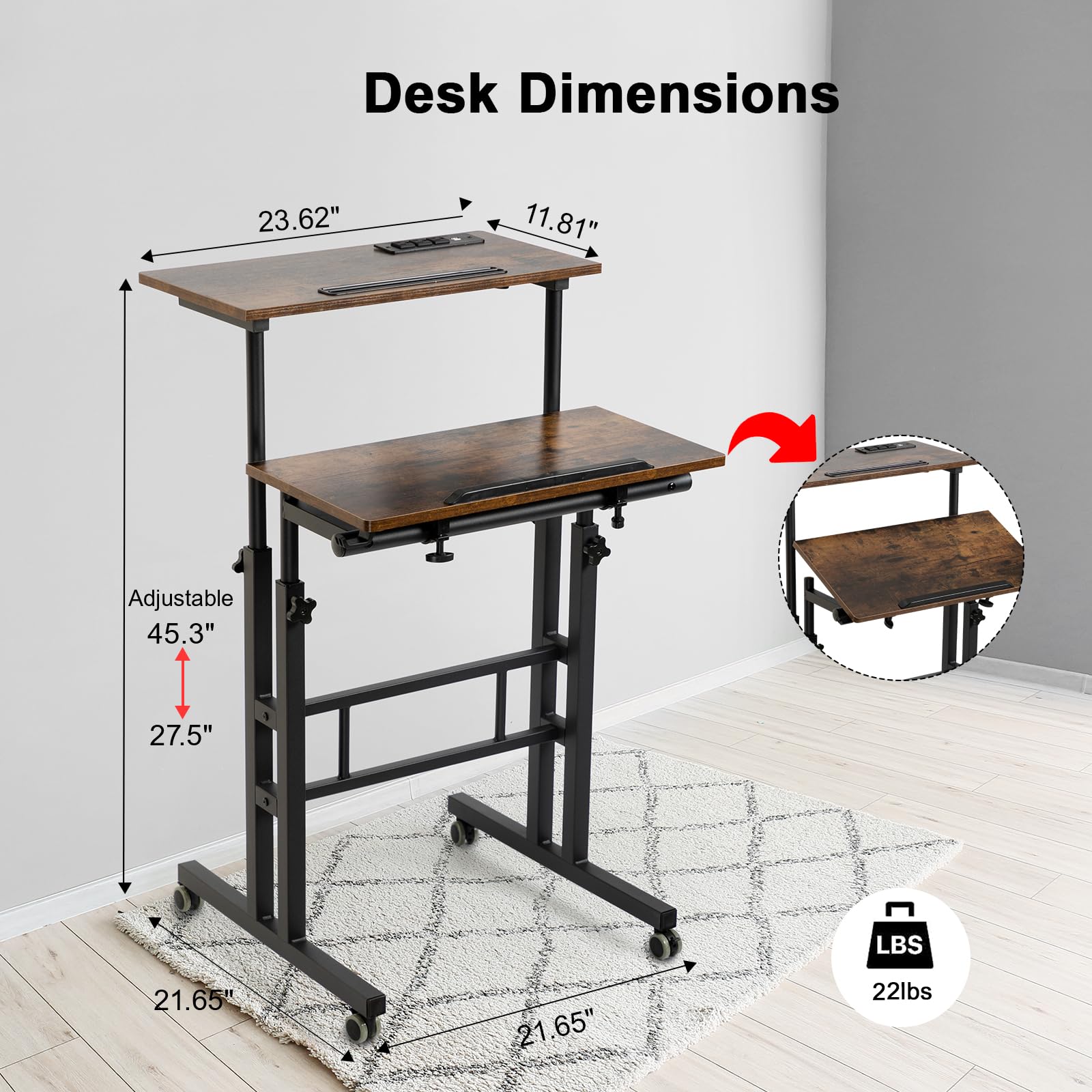 Hadulcet Mobile Standing Desk with Charging Station, Adjustable Standing Computer Desk, Standing Adjustable Laptop Cart with Wheels for Home Office Classroom Rustic Brown